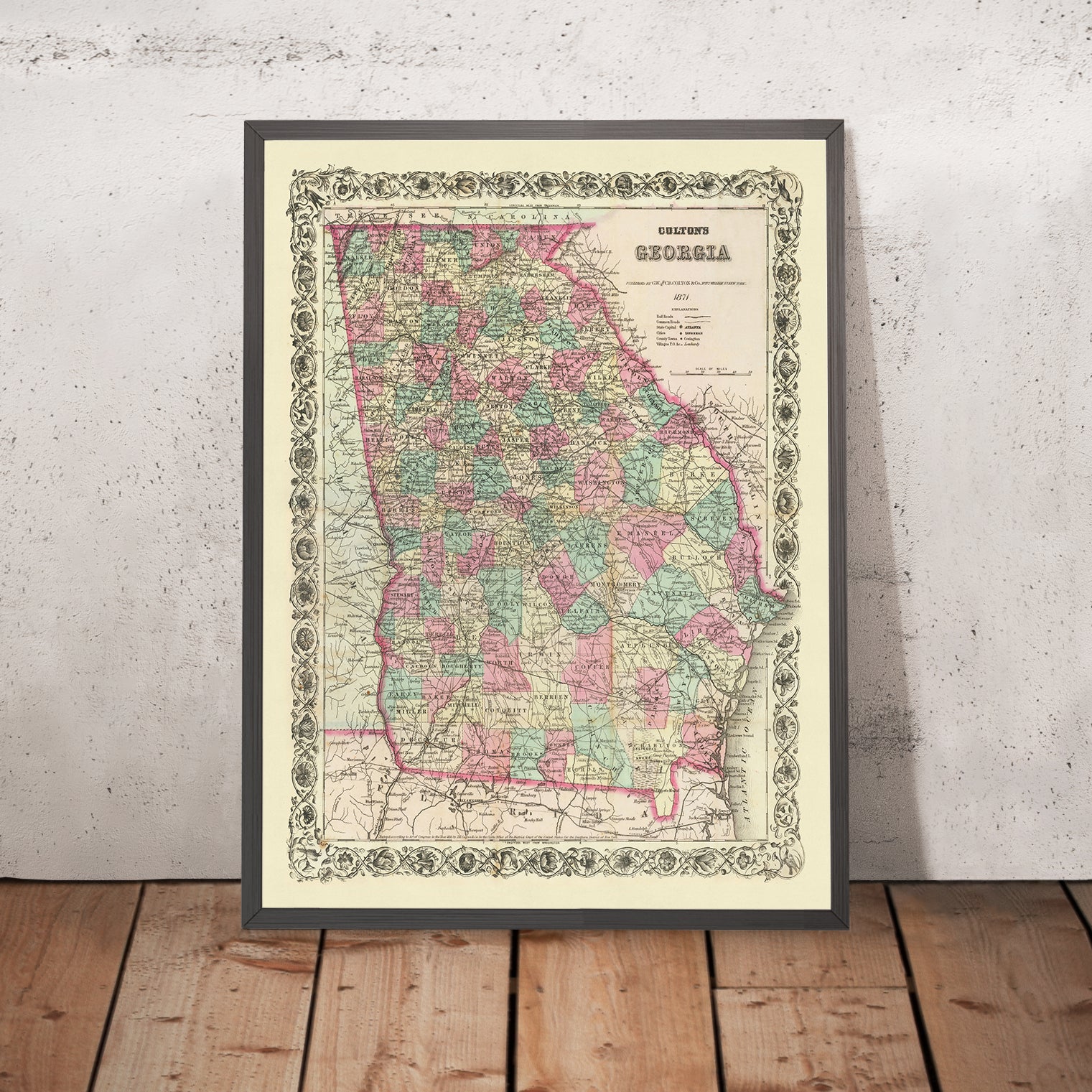 Old Map of Georgia by J.H. Colton, 1871: Savannah, Augusta, Columbus ...