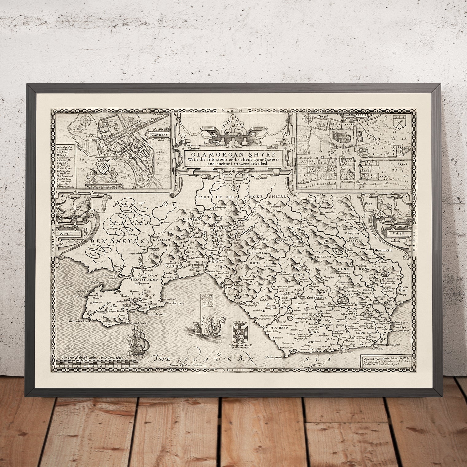 Old Monochrome Map of Glamorgan, Wales, 1611 by John Speed - Cardiff ...