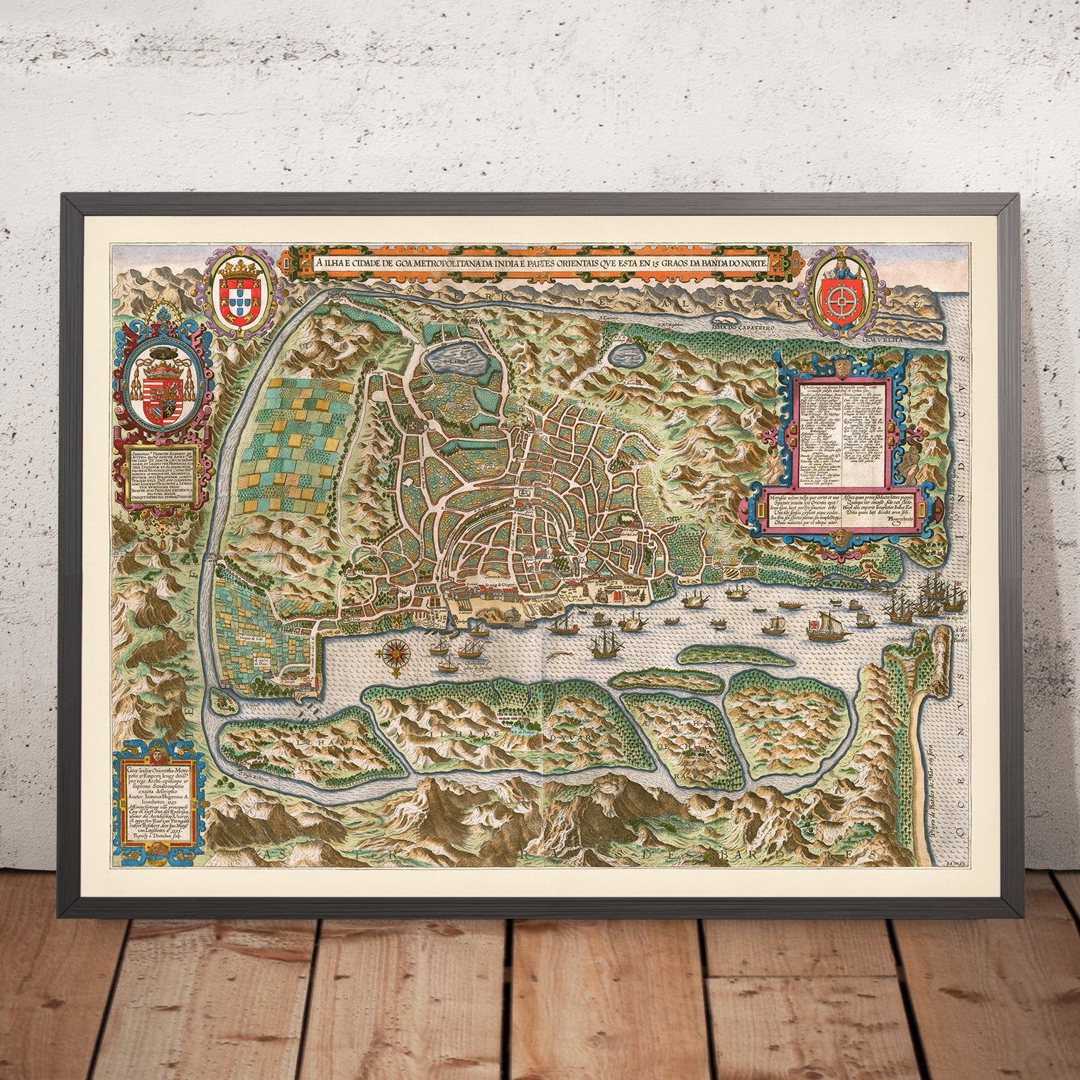 Old Birdseye Map of Goa by Linschoten, 1596: Harbor, Fortifications, C ...