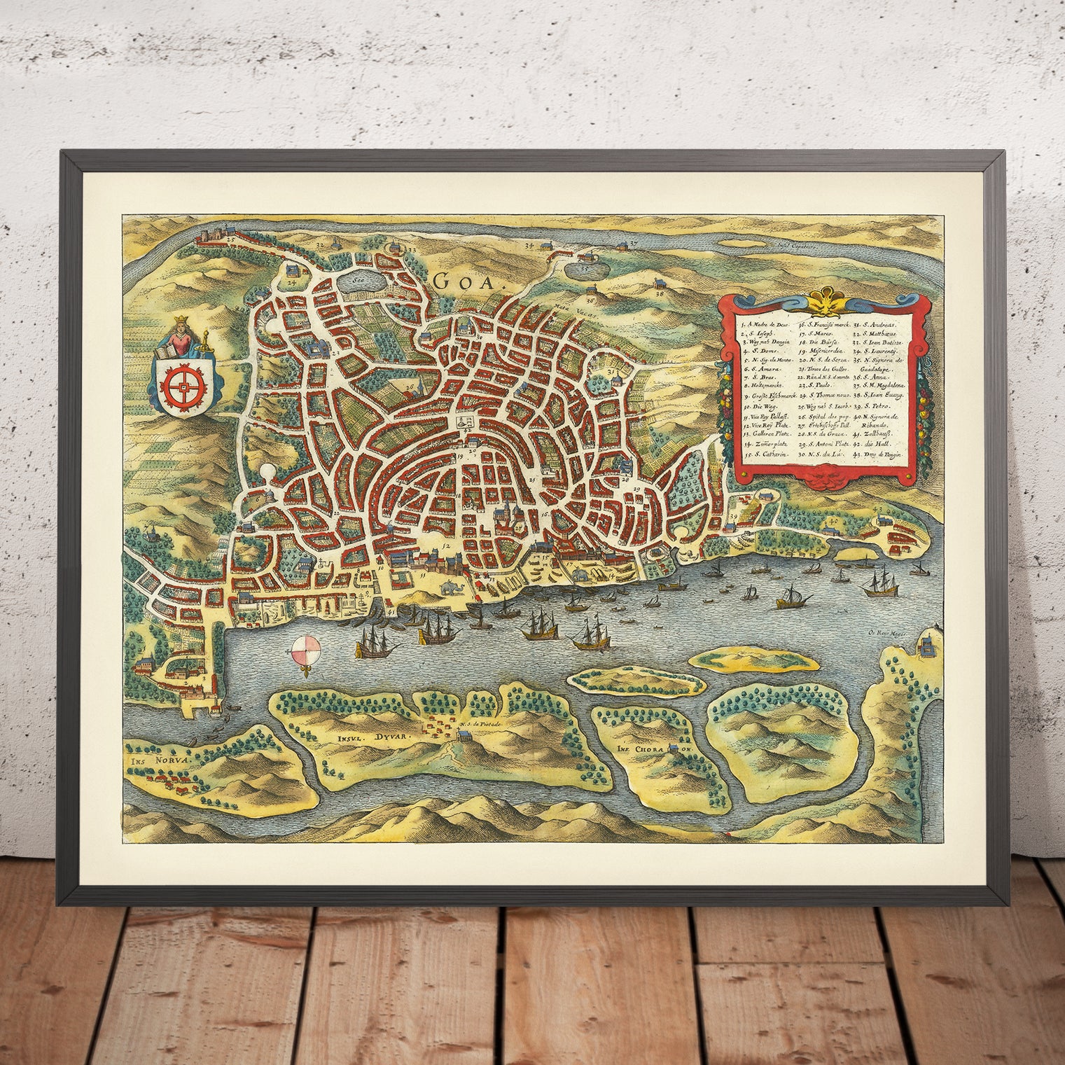 Old Birdseye Map of Goa by Merian, 1650: Divar Island, Church of St. F ...