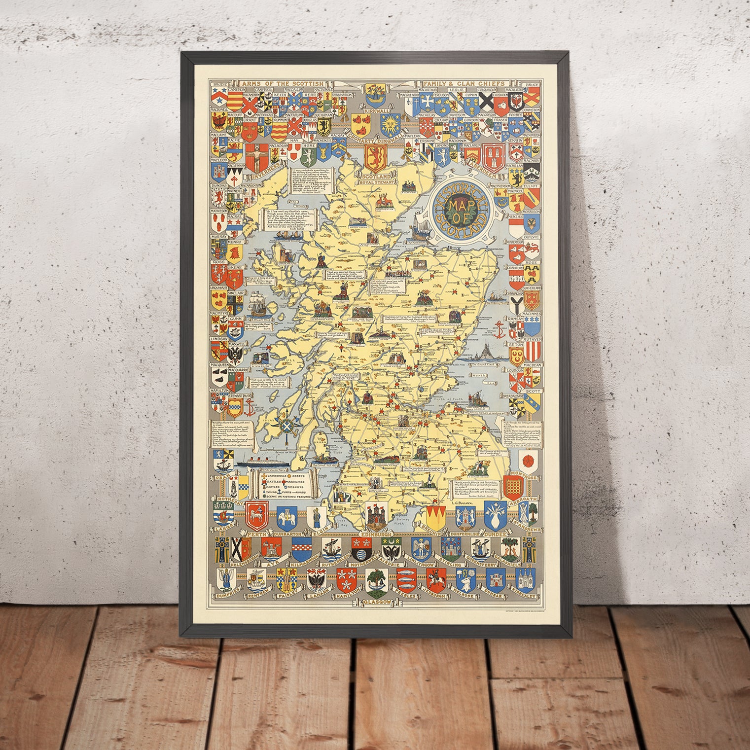 Old Historical Map of Scotland by Bullock, 1950: Clans, Tartans, Battl ...