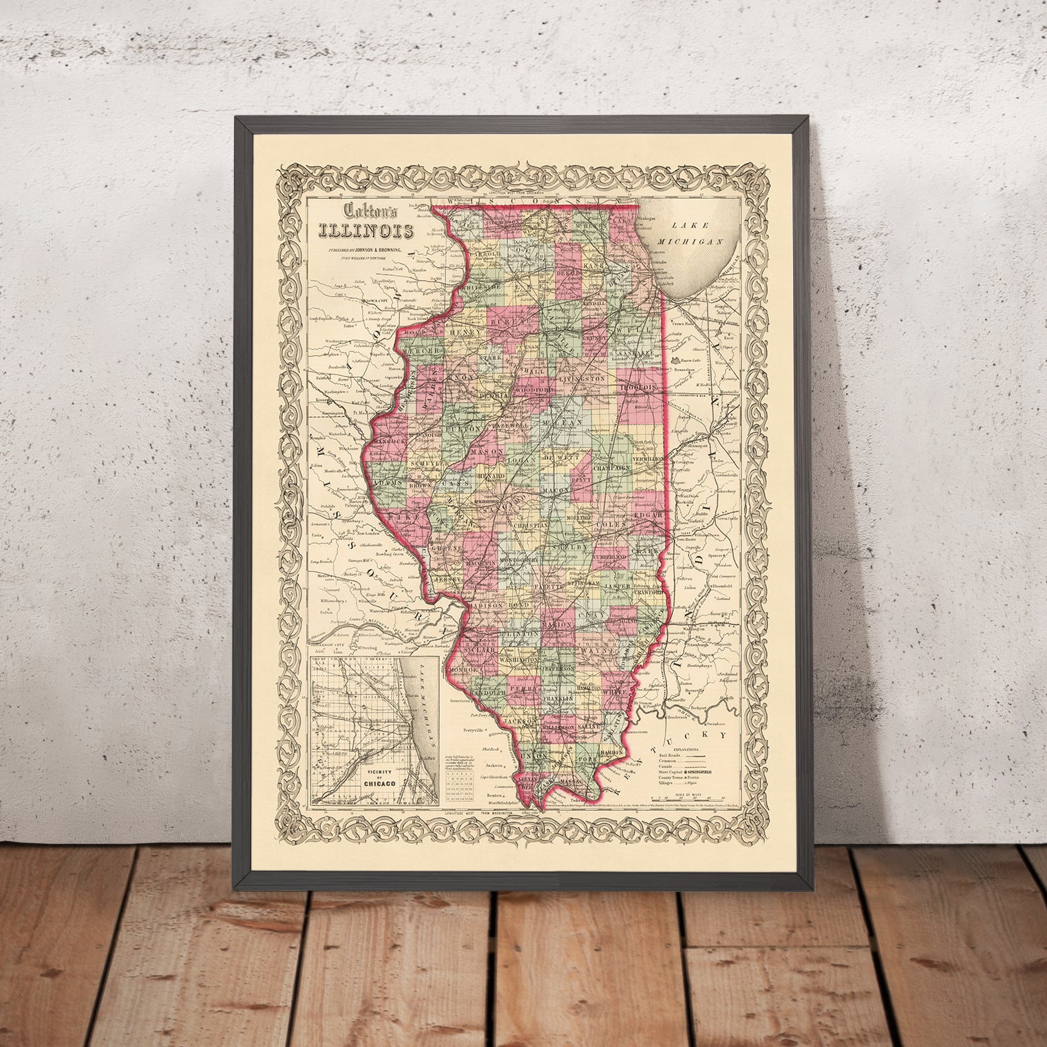 Old map of Illinois by J. H. Colton, 1855: Chicago, Peoria, Springfiel ...