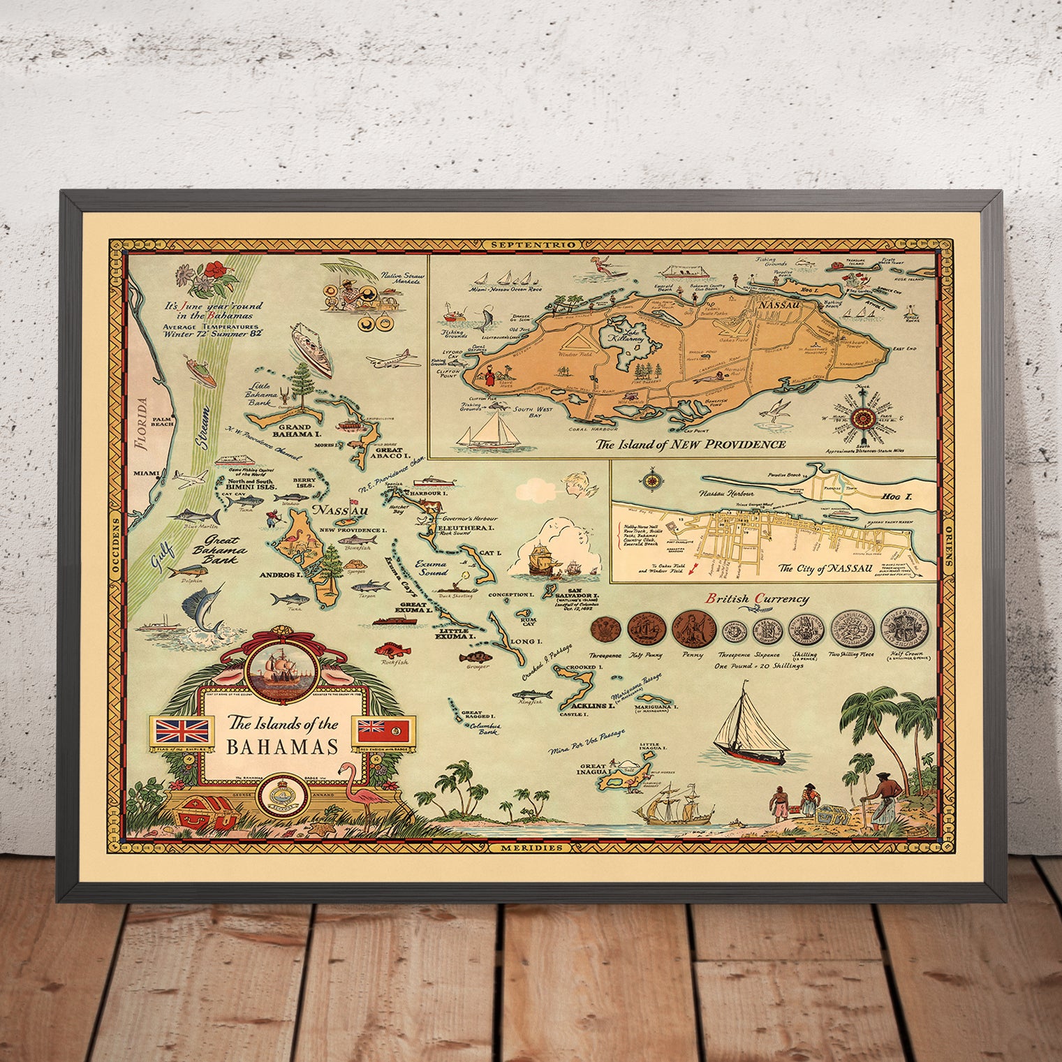 Mapa antiguo de las Bahamas, 1951: Mapa pictórico de Nassau, Nueva Pro ...