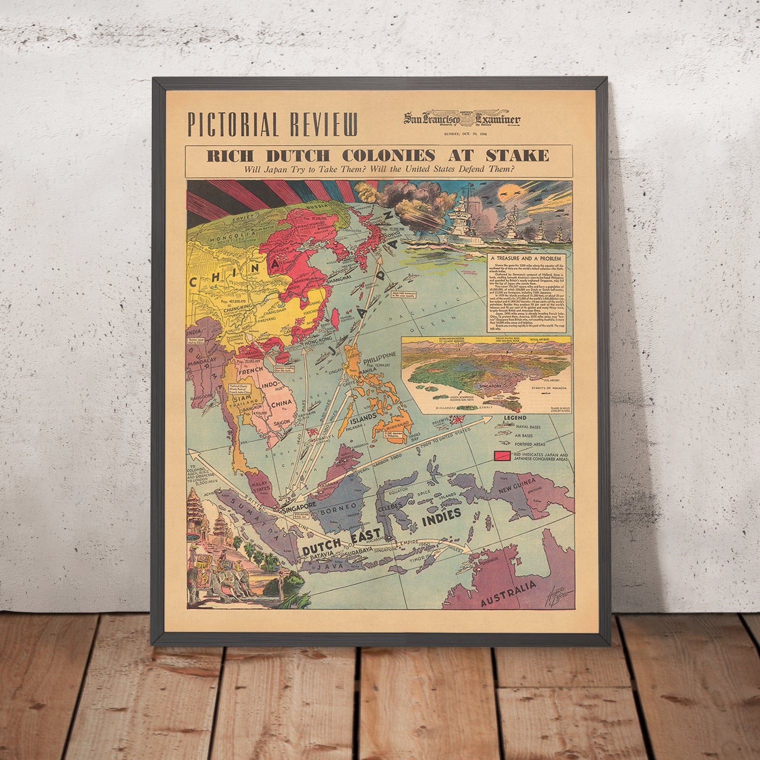 Old Pictorial Map of Japan vs. Dutch East Indies Colonies in World War ...