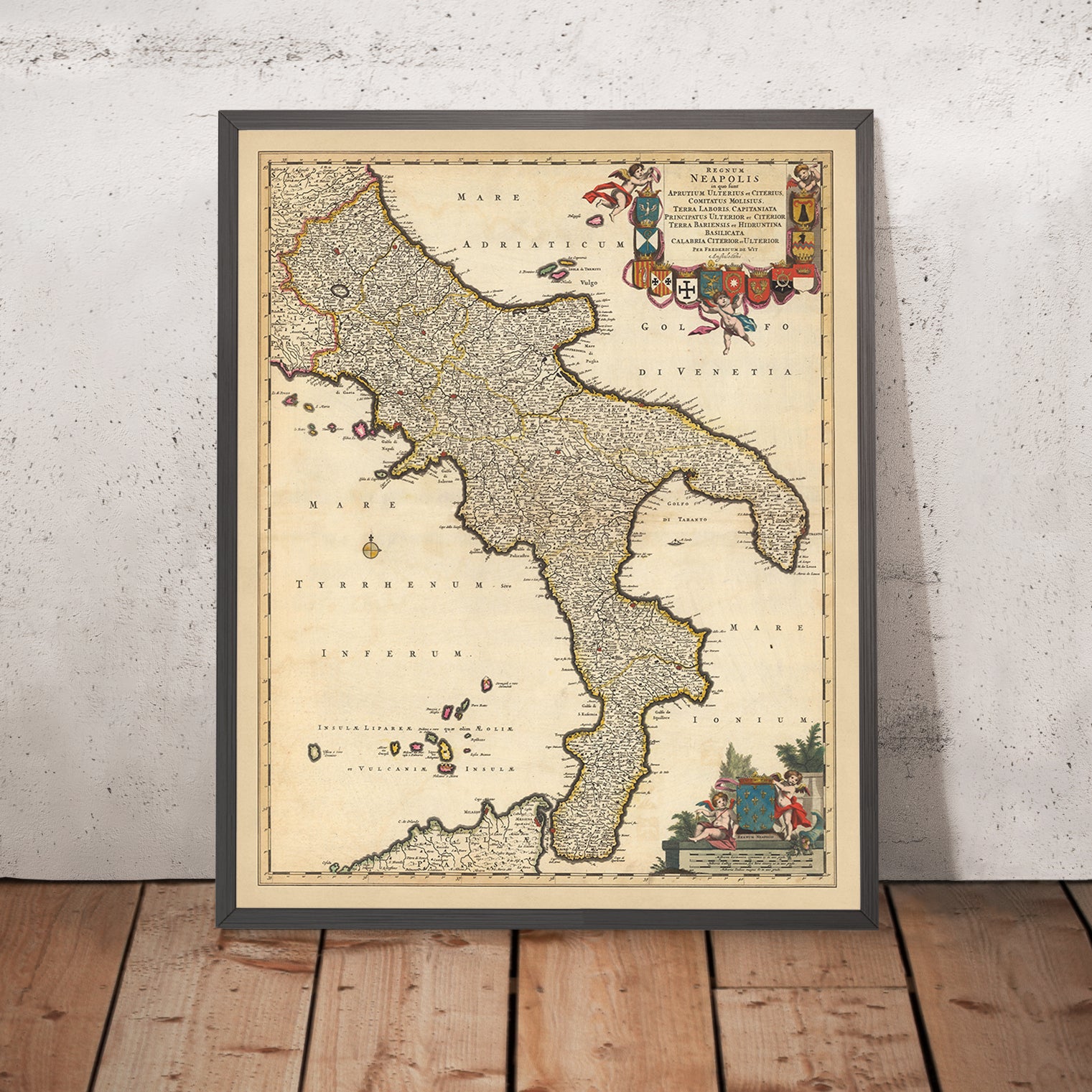Old Map of the Kingdom of Naples, Italy by Visscher, 1690: Naples, Bar ...