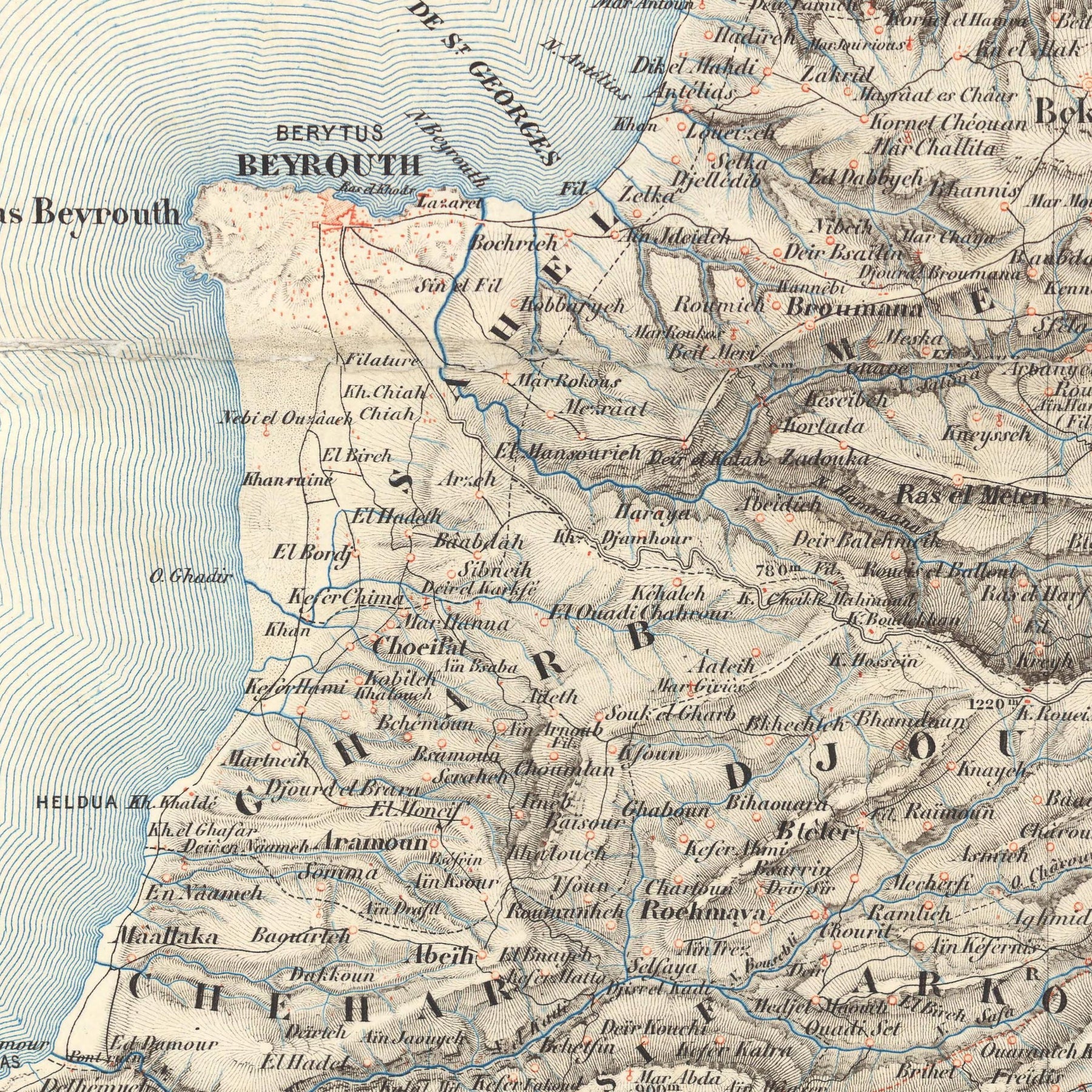 Old Map of Lebanon by Depot De La Guerre, 1862: Beirut, Tripoli, Sidon ...