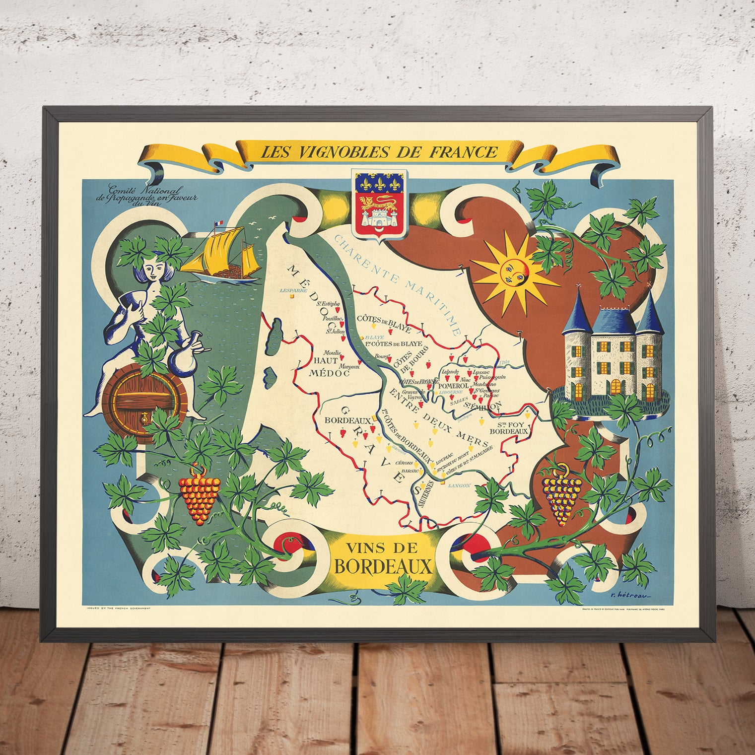 Old Wine Map of Bordeaux by Hetreau, 1954: Bordeaux, Saint-Émilion, Po ...