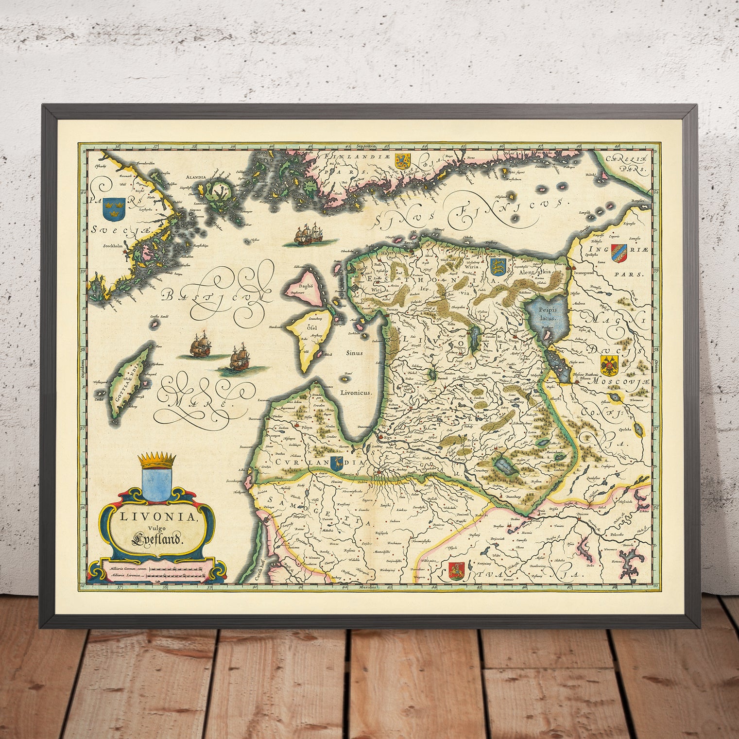 Old Map of the Baltic by Blaeu, 1644: Stockholm, Helsinki, Riga, Talli ...