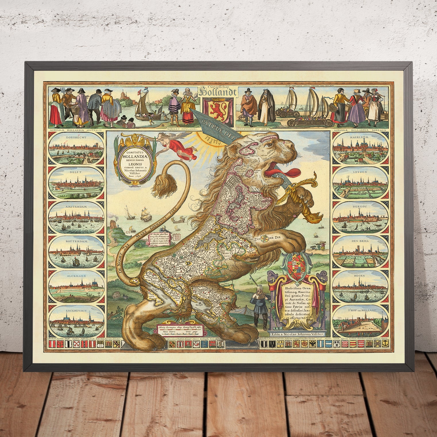 Old Map of Leo Belgicus (Low Countries Lion) by Visscher, 1648: Amster ...