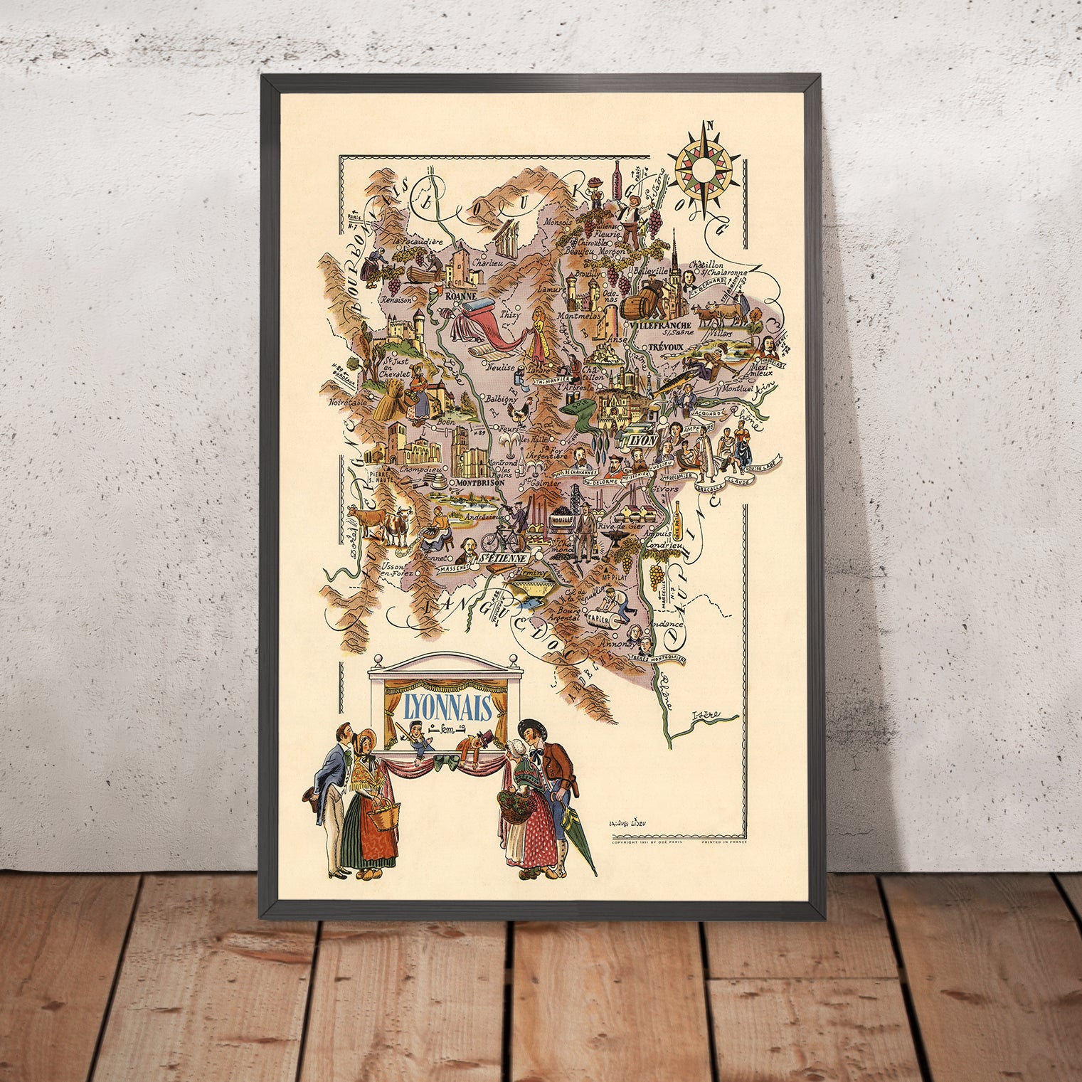 Old Pictorial Map of Lyonnais by Liozu, 1951: Lyon, Saint-Étienne, Vin ...