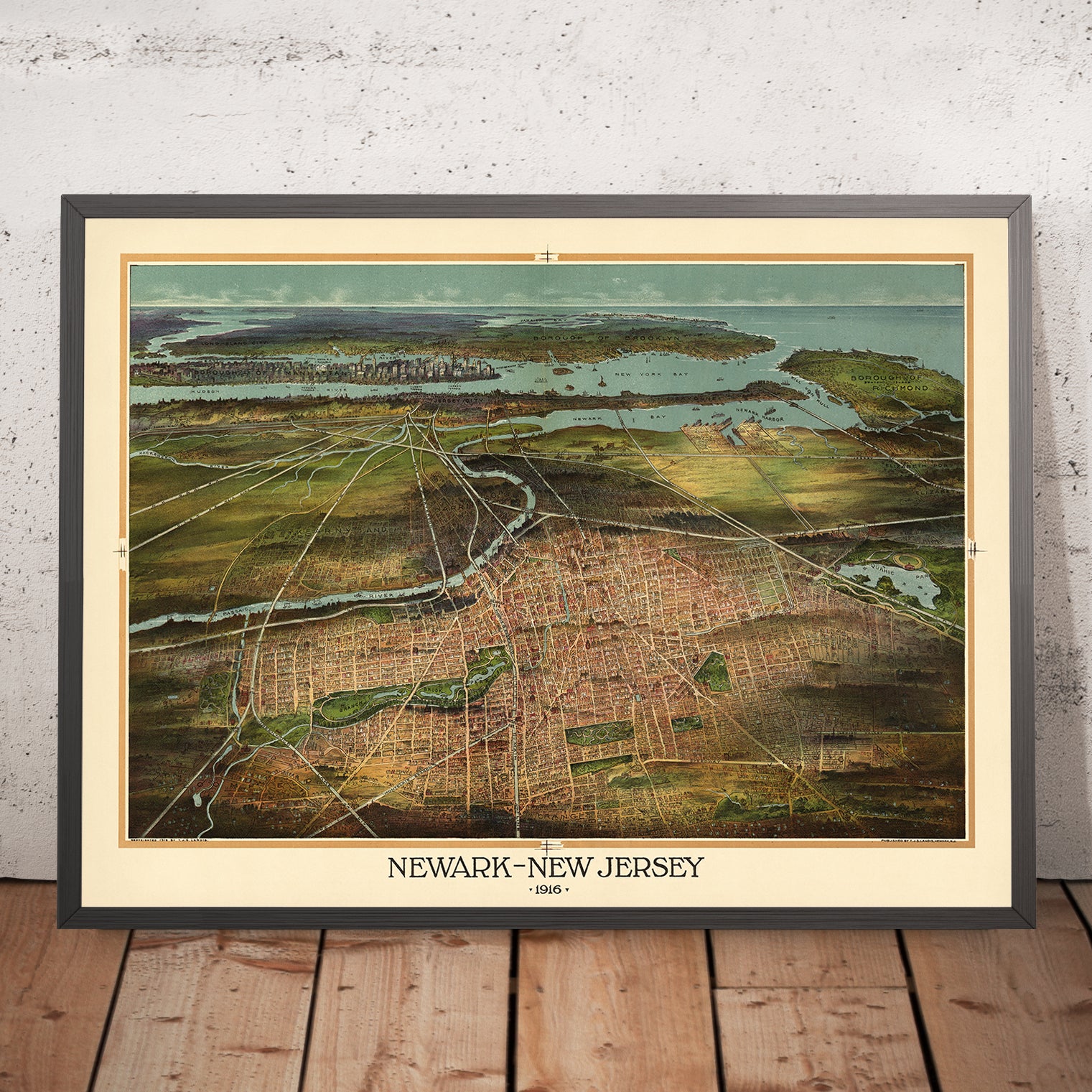 Old Birdseye Map of Newark by Landis, 1916: Manhattan, Newark Harbor ...