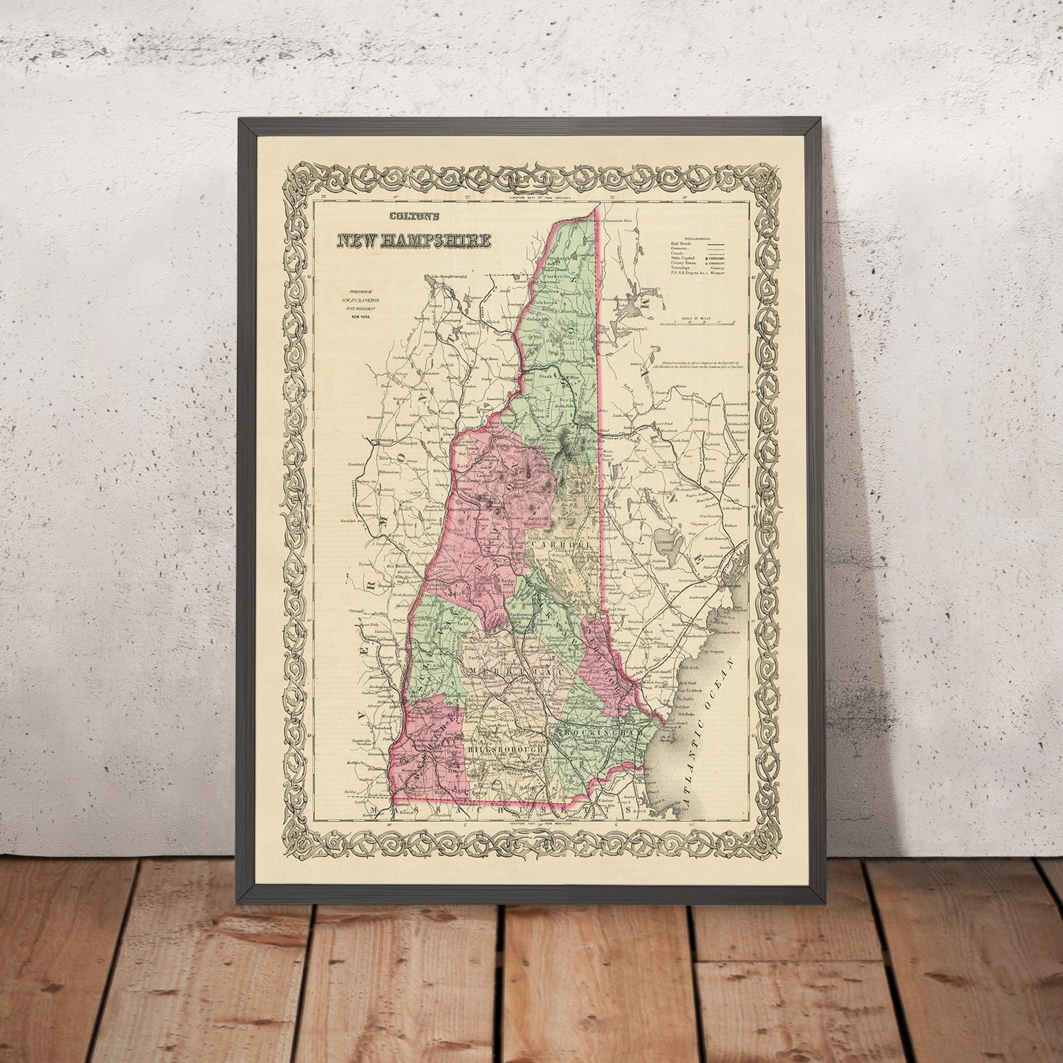 Old Map of New Hampshire by J.H. Colton, 1855: Concord, Portsmouth, Do ...