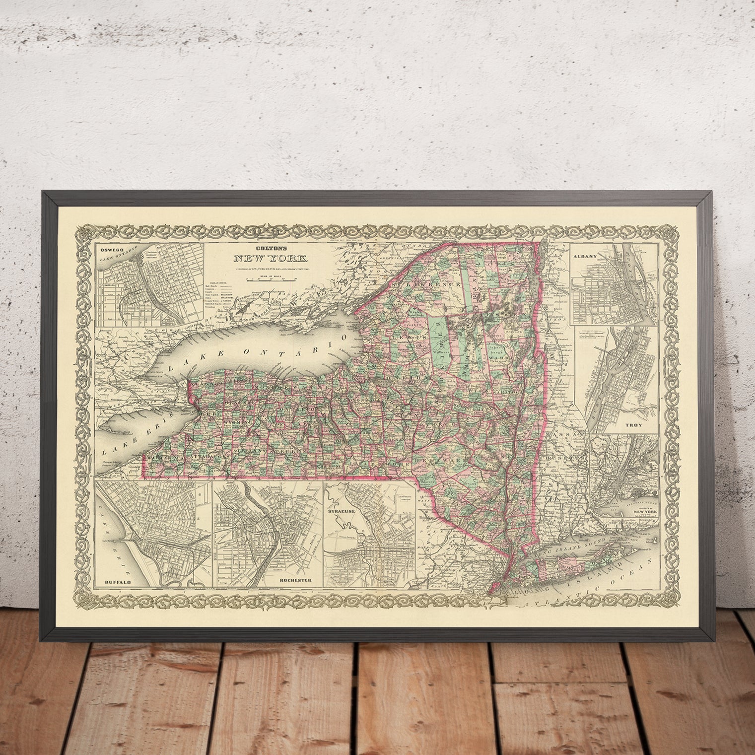 Old Map of New York by J.H. Colton, 1874: New York City, Buffalo, Roch ...