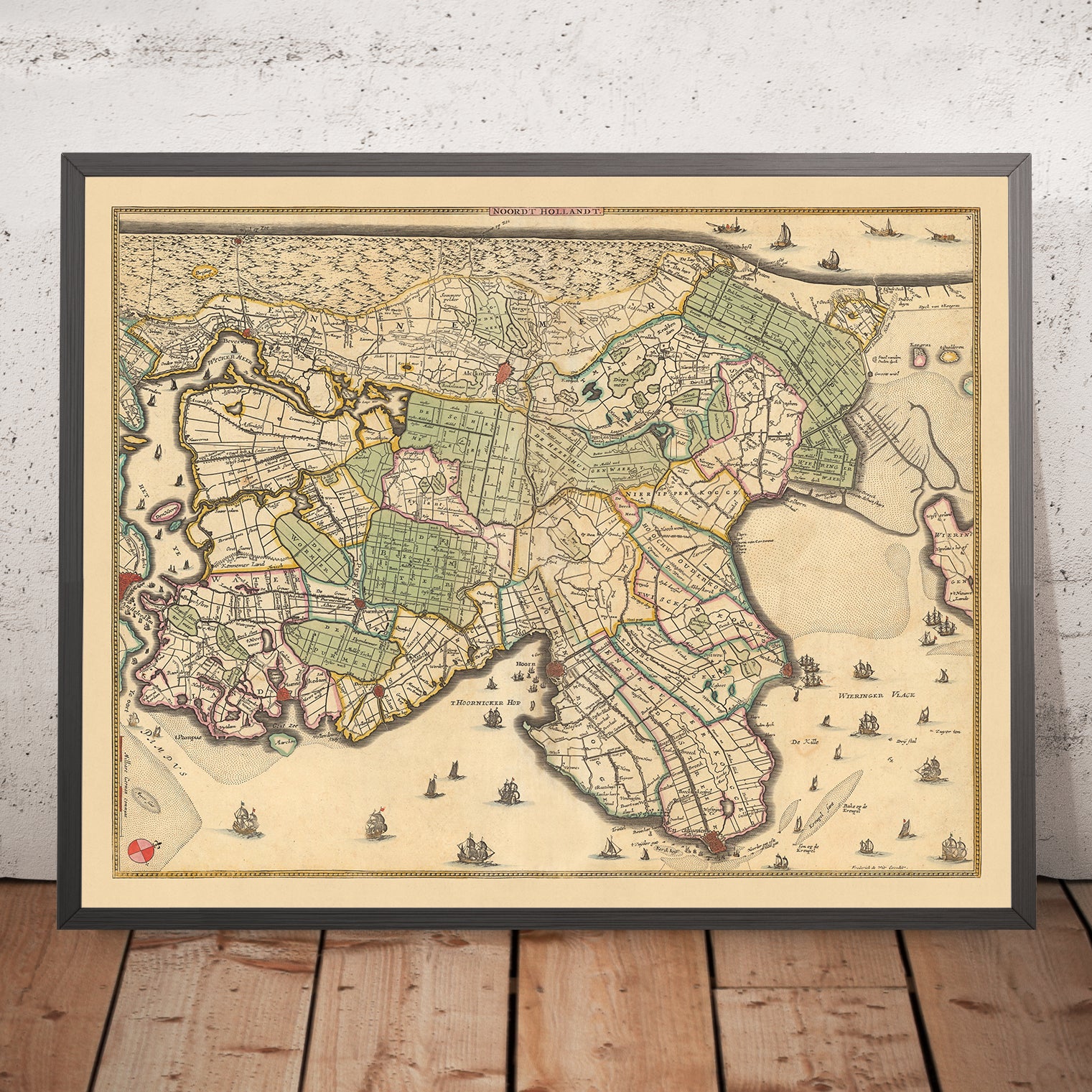 Old Map of North Holland by Visscher, 1690: Amsterdam, Alkmaar, Hoorn ...