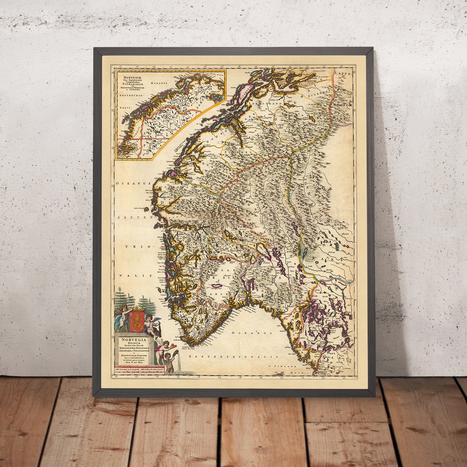 Old Map of Norway by Visscher, 1690: Oslo, Trondheim, Bergen, Stavange ...