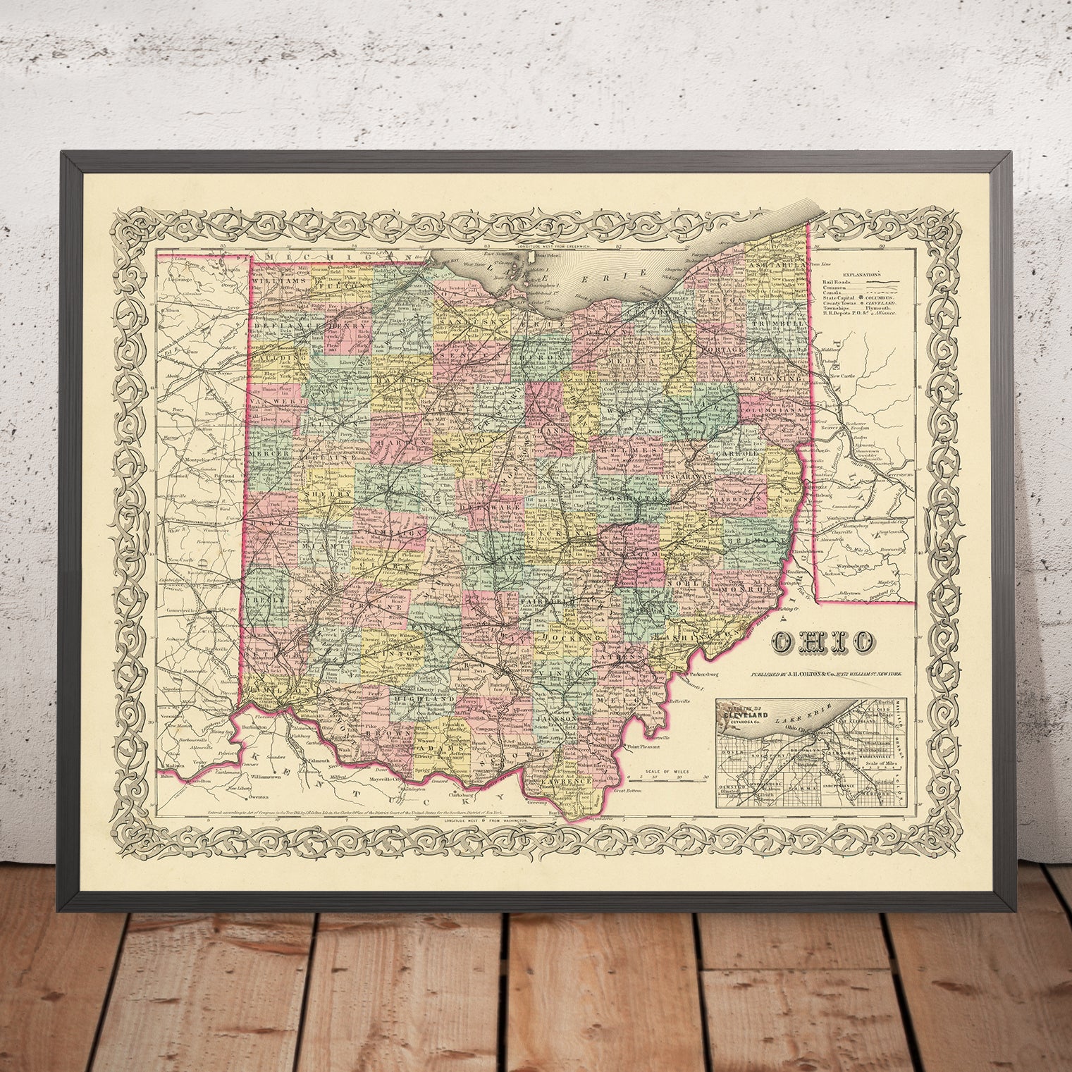 Old Map of Ohio by J. H. Colton, 1855: Cincinnati, Cleveland, Columbus ...