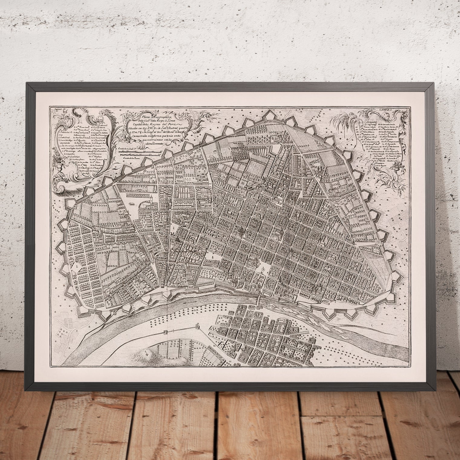 Old Birdseye Map of Lima by Ulloa, 1748: Fortifications, River, Bridge ...