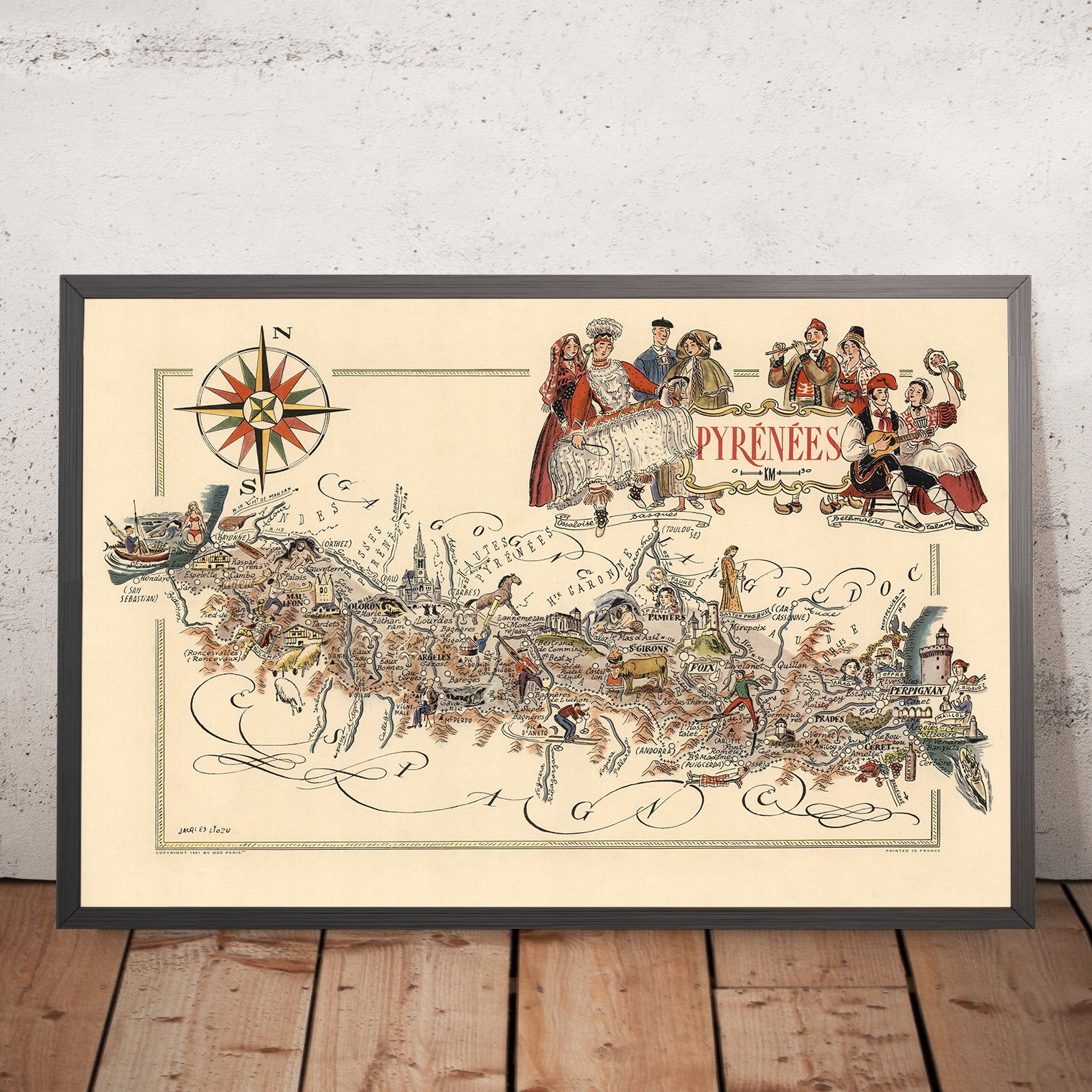 Old Pictorial Map of Pyrenees by Liozu, 1951: Perpignan, Pau, Bayonne ...