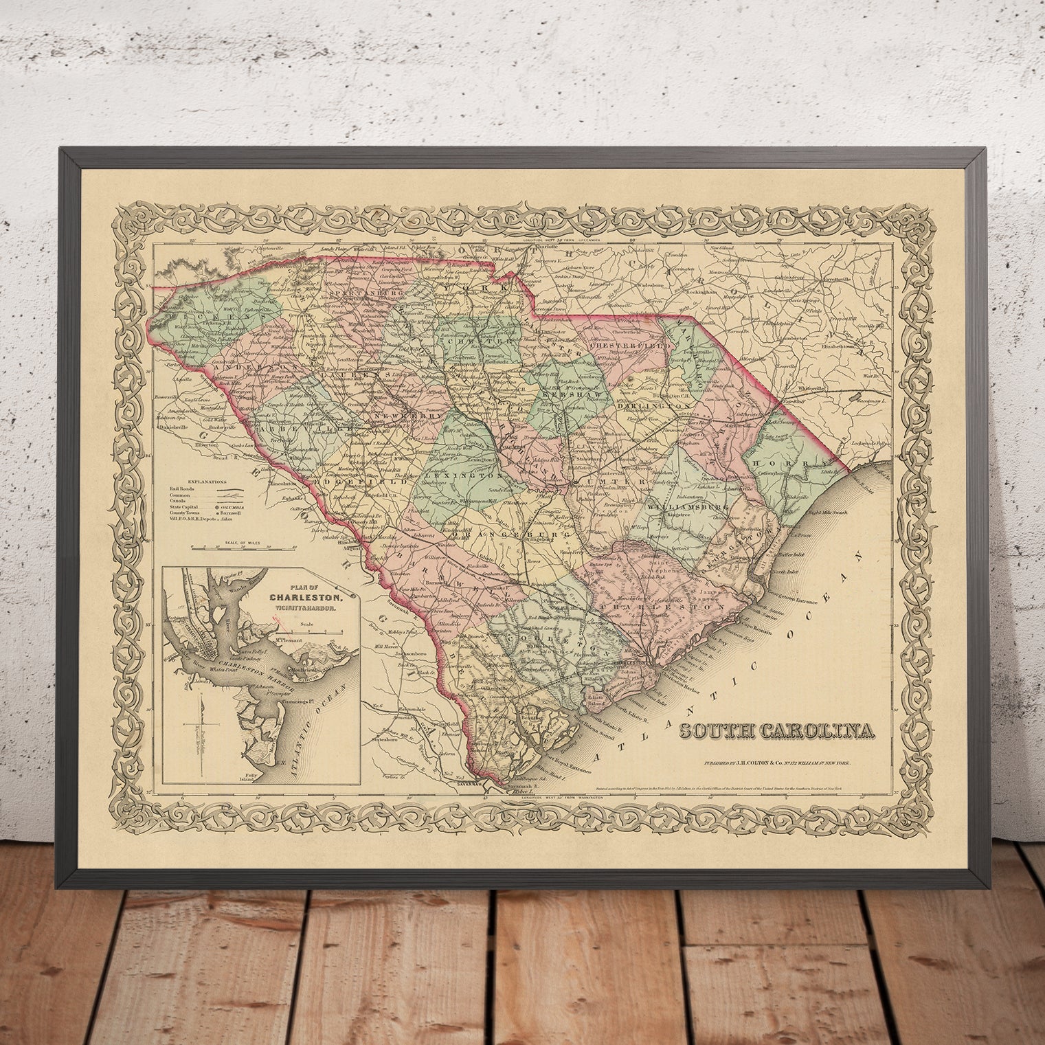 Old Map of South Carolina by Colton, 1859: Charleston, Columbia, Green ...