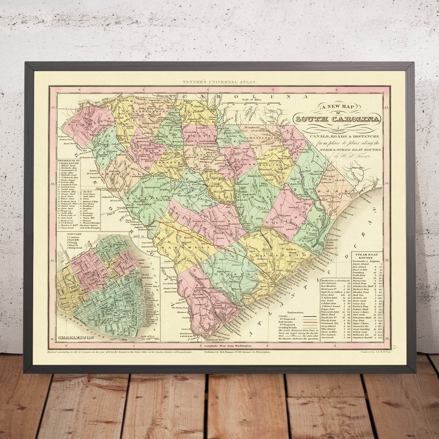 Old Map of South Carolina by Tanner, 1836: Charleston, Columbia, Camde ...