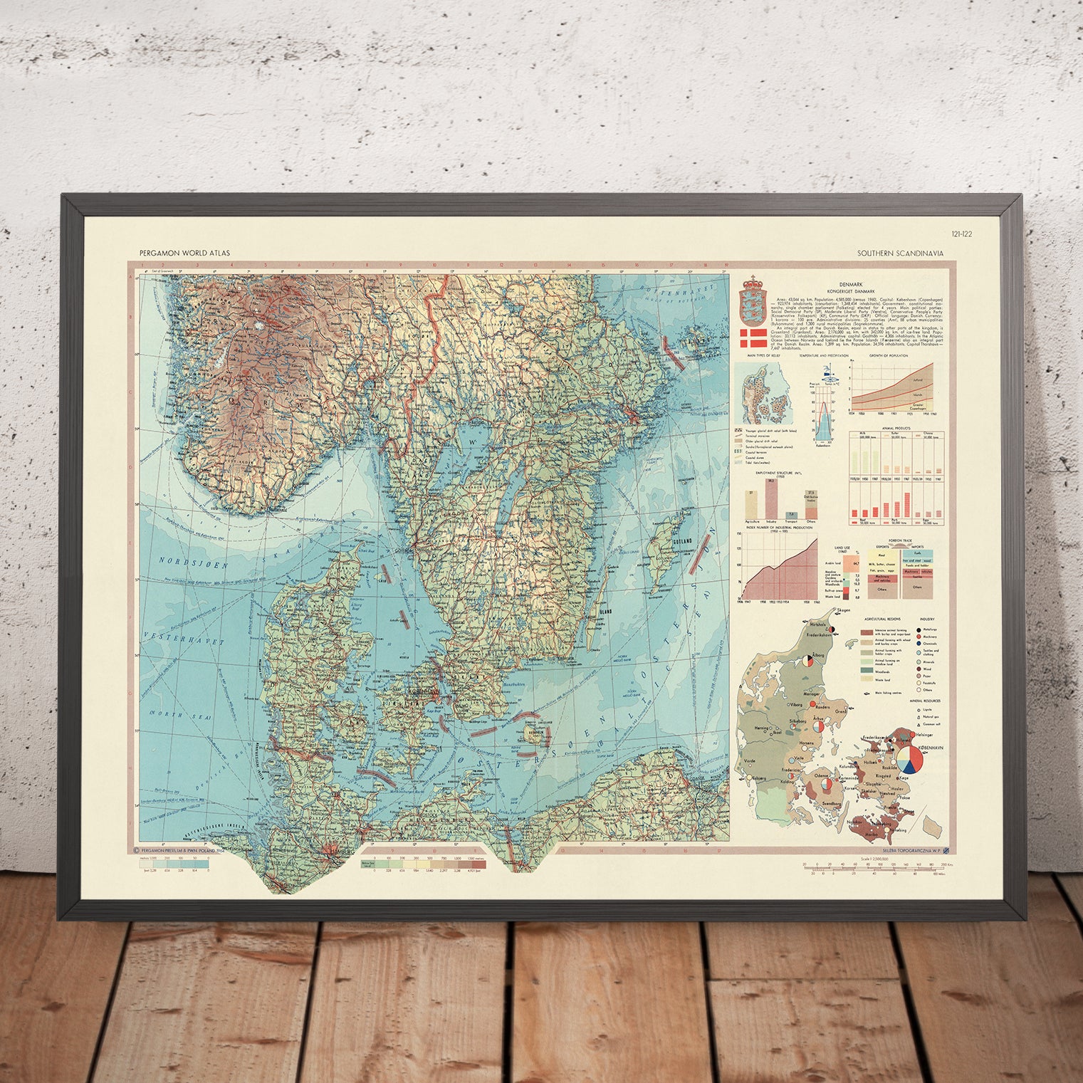 Old Map of Denmark, 1967: Copenhagen, Stockholm, Oslo, Aarhus, Odense ...