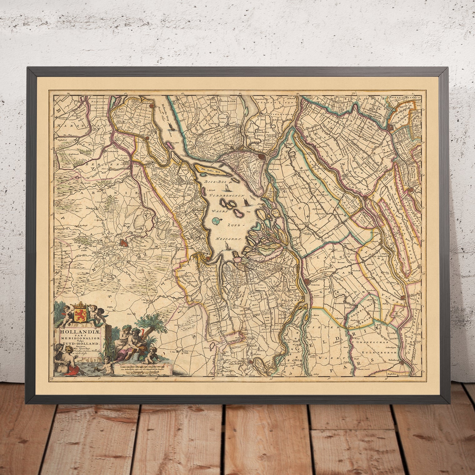 Old Map of South Holland by Visscher, 1690: Dordrecht, Breda, Roosenda ...