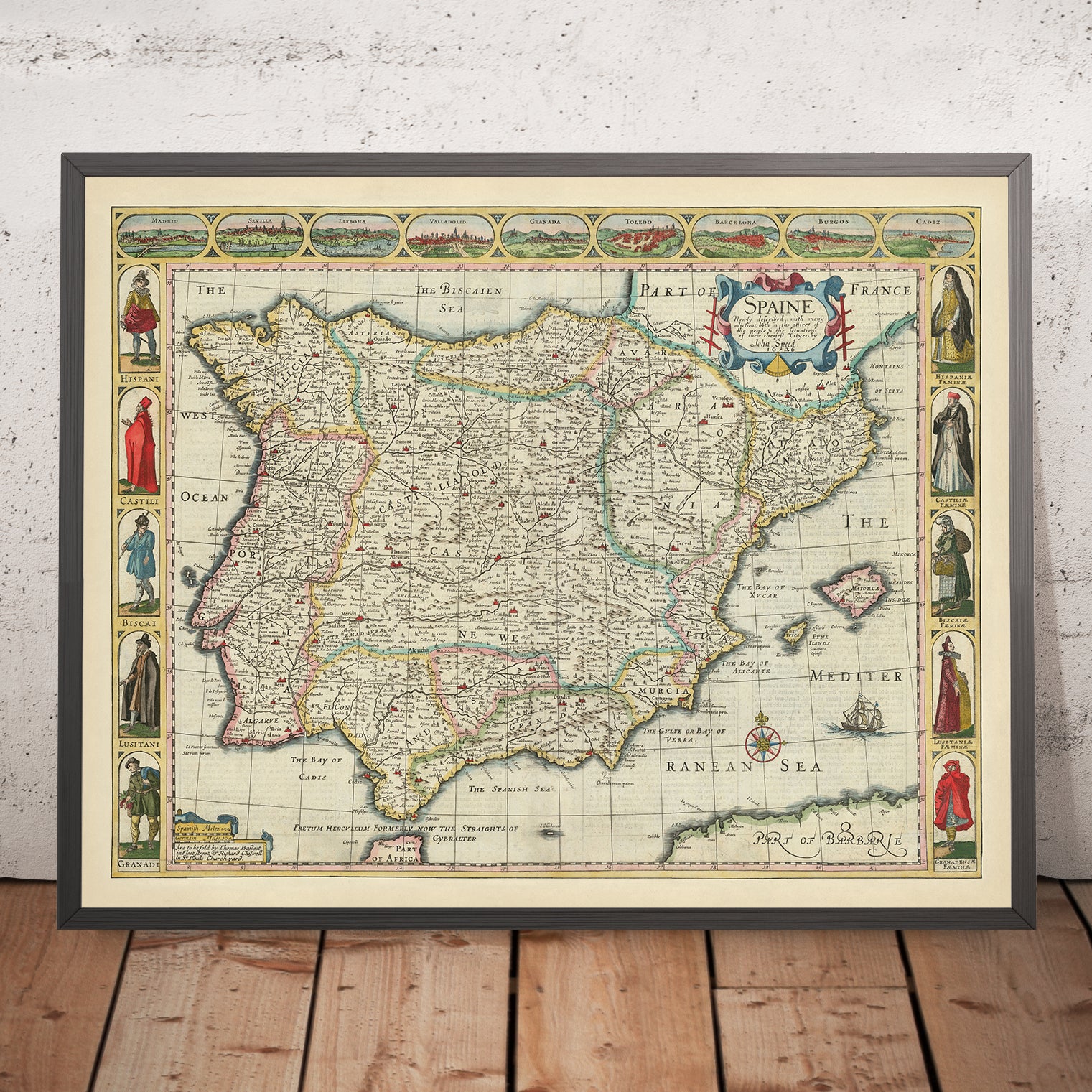 Old Map of Spain & Portugal by Speed, 1626: Madrid, Lisbon, Gibraltar ...