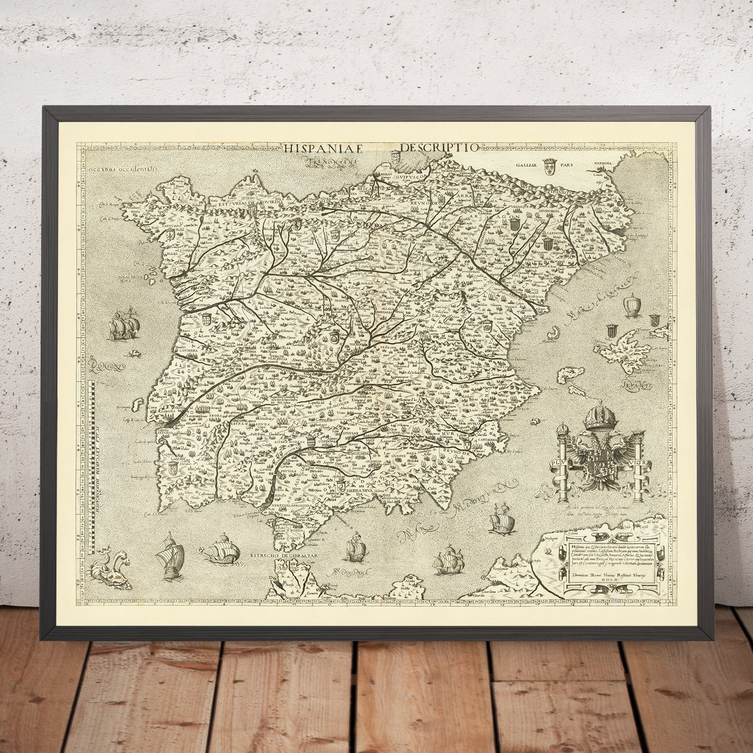 Old Pictorial Map of Spain and Portugal by Zenoi, 1560: Pillars of Her ...