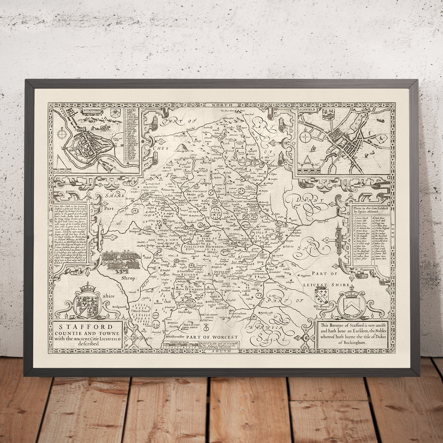 Old Monochrome Map of Staffordshire, 1611 by John Speed - Stafford, Wo ...