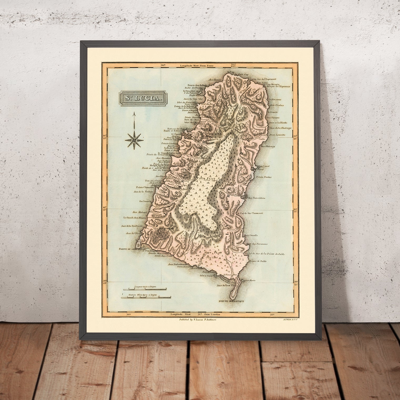 Old Rare Map of St. Lucia by Lucas, 1823: Castries, Soufriere, Vieux F ...