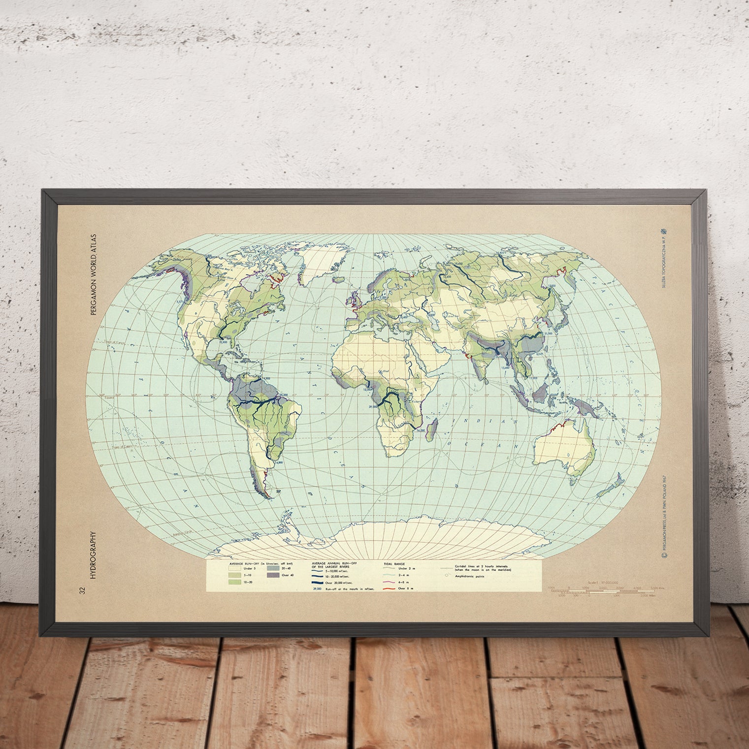 Old Infographic Map of World Hydrography, 1967: Rivers, Lakes, and Oce ...