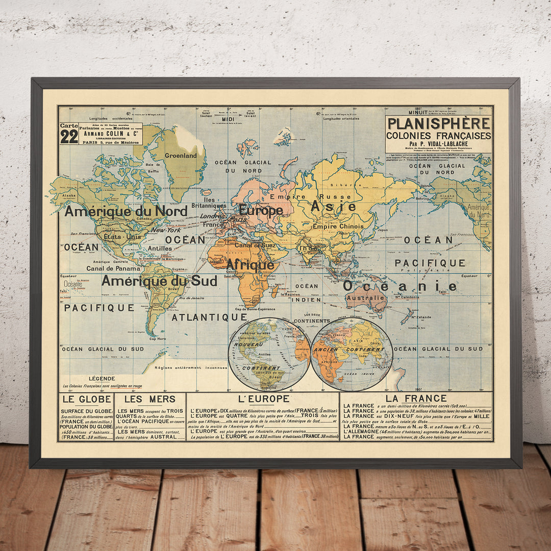 Old French Colonial World Map by Vidal Lablache, 1897: Educational Wal ...