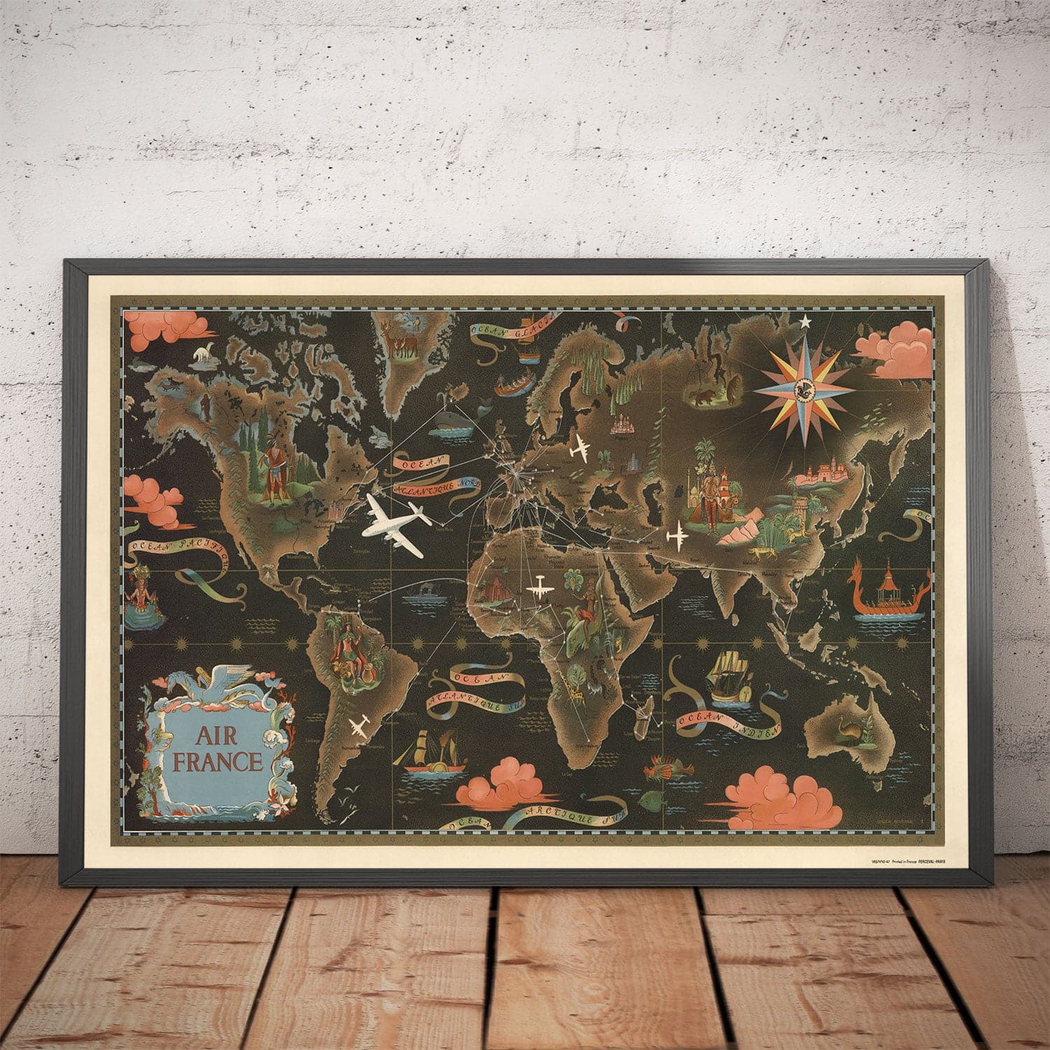 Old Air France World Map, 1947 by Lucien Boucher - Large Aircraft Rout ...
