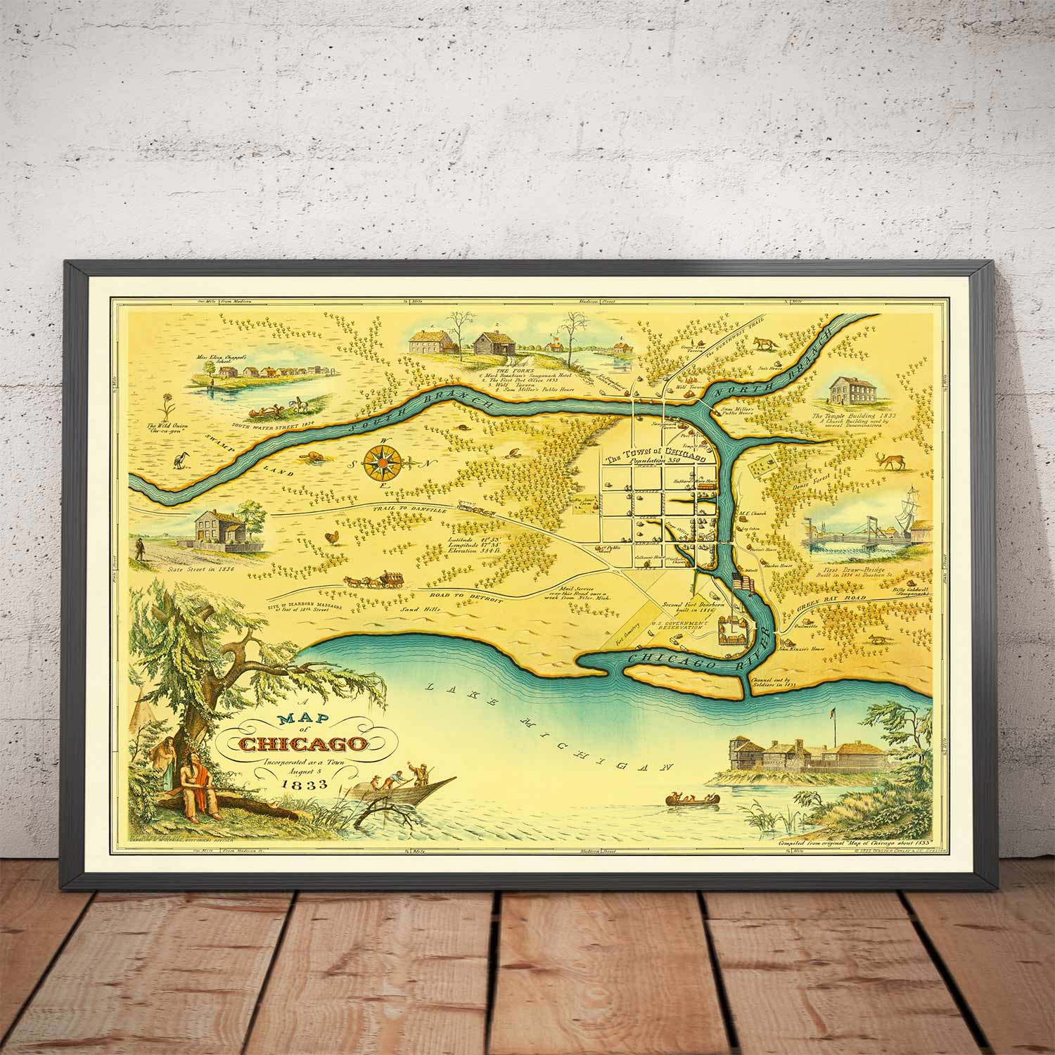 Old Map of Chicago, 1833 by Stelzer & Conley - 350 Pop. Town - Lake Mi ...