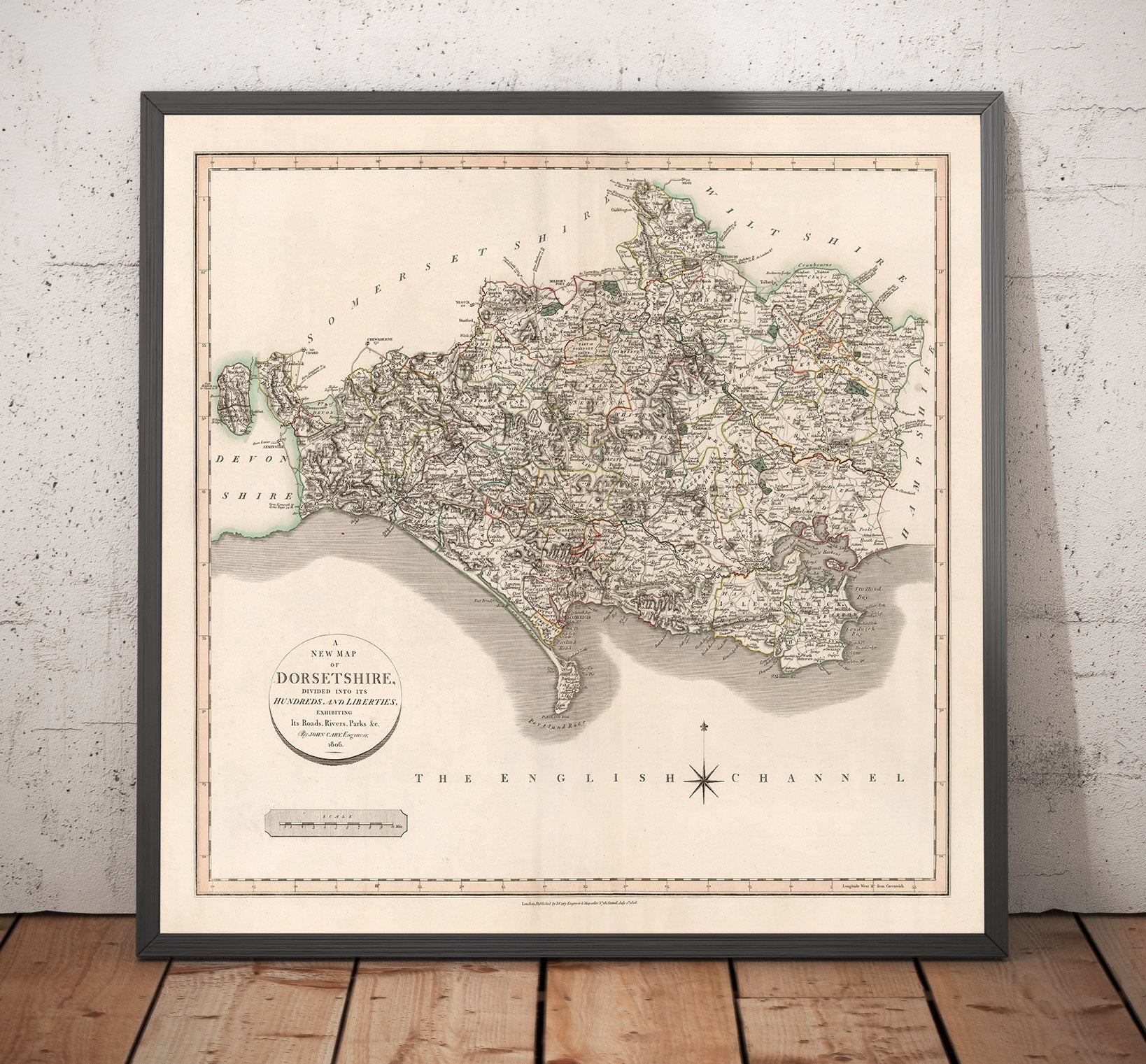 Antiguo mapa de Dorset en 1806 por John Cary - Dorchester, Poole, Weym ...