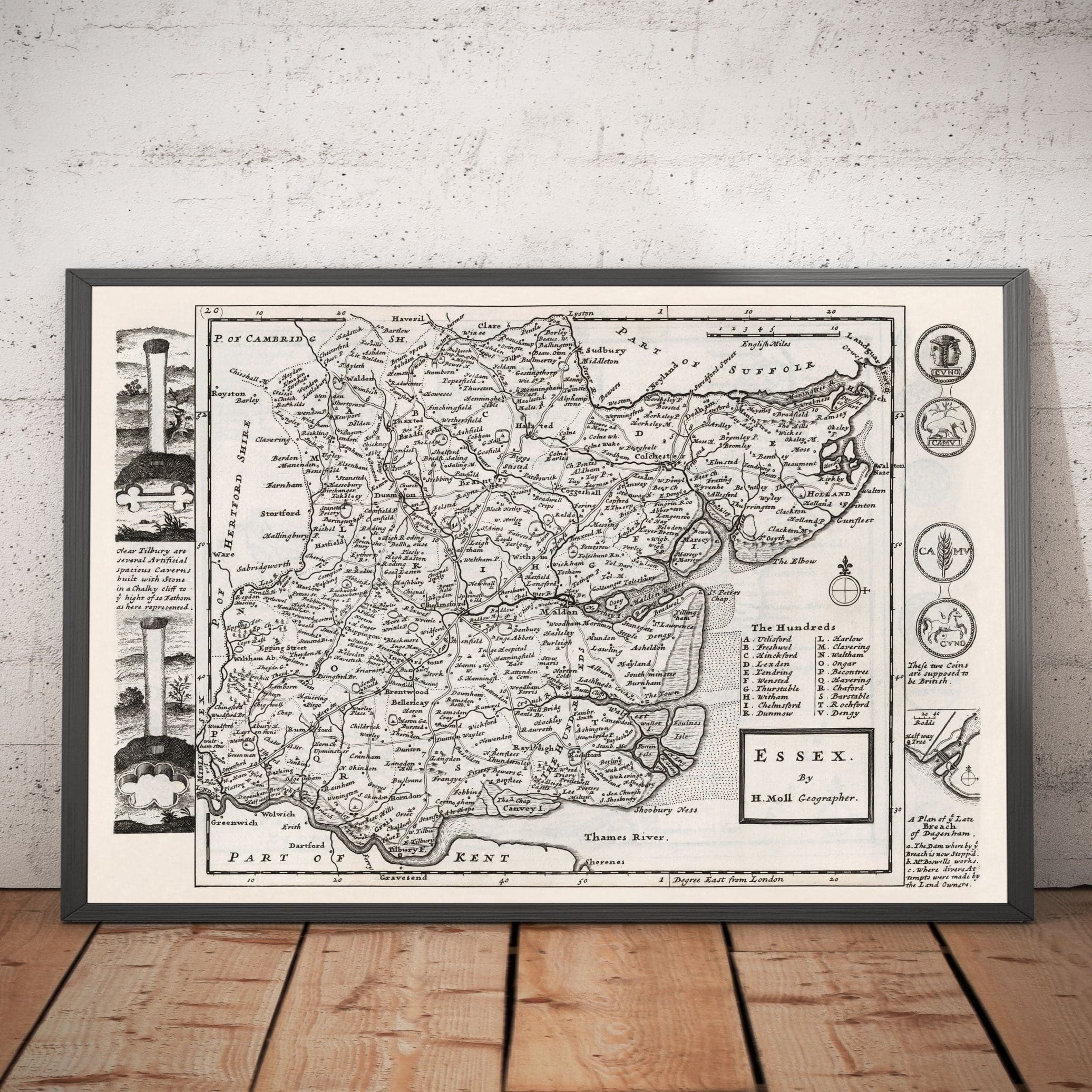 Old Map of Essex 1724, by Herman Moll - Southend, Colchester, Chelmsfo ...
