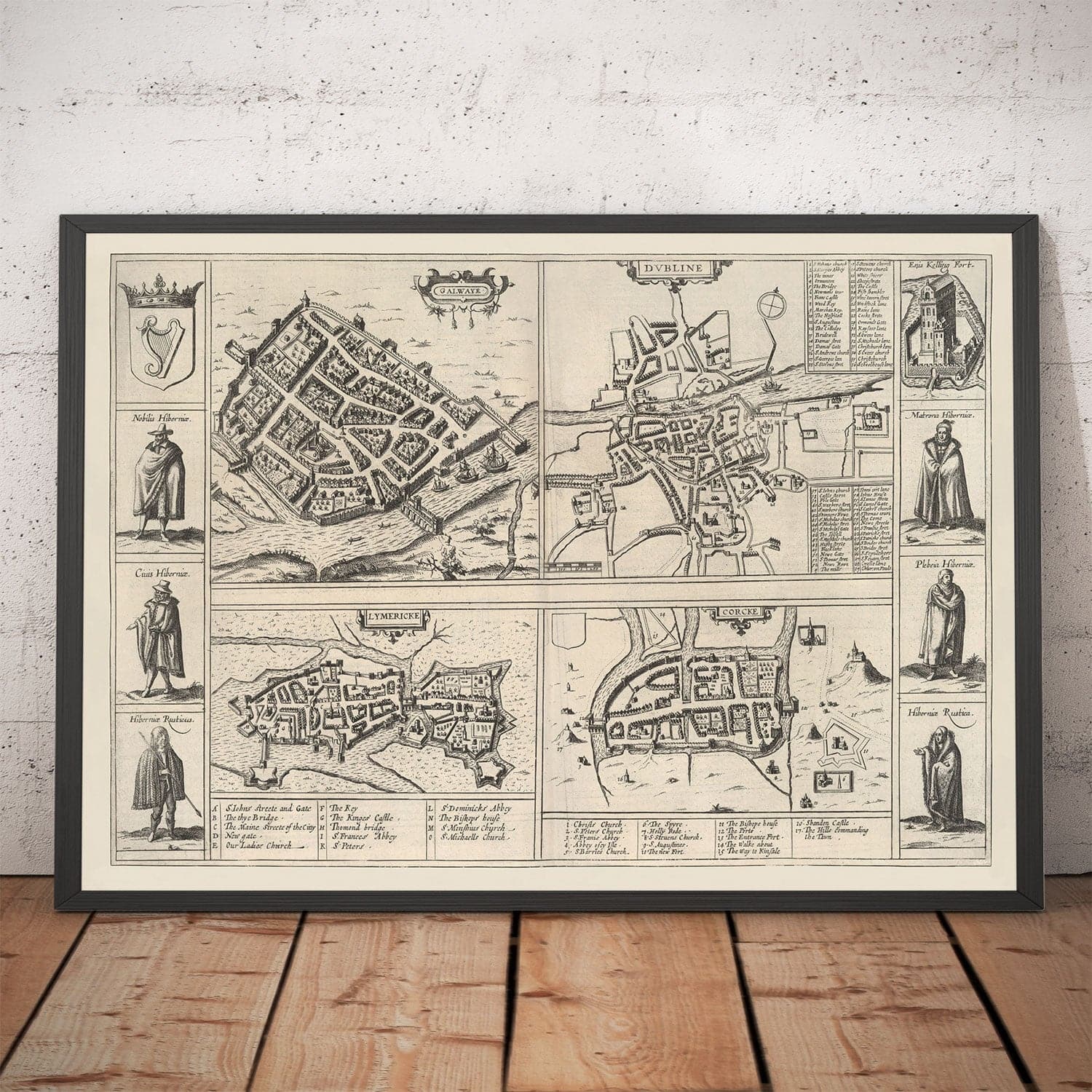Old map of Dublin, Limerick, Cork and Galway in 1618 by Georg Braun ...