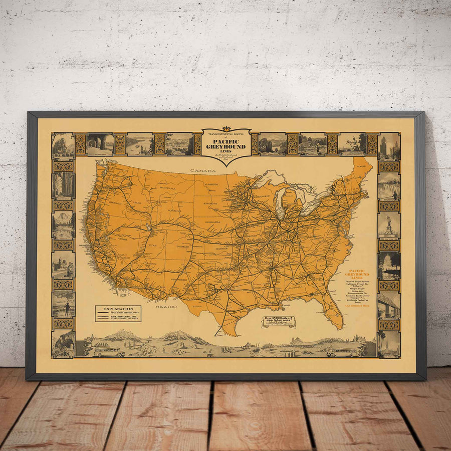 Old Greyhound Lines Map, USA, 1935 - Pacific & Main Intercity Bus Line ...