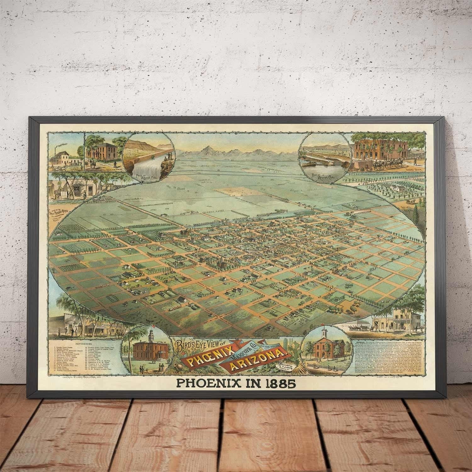 Rare Old Map of Phoenix, Arizona by CJ Dyer, 1885 - Masterpiece Birdse ...