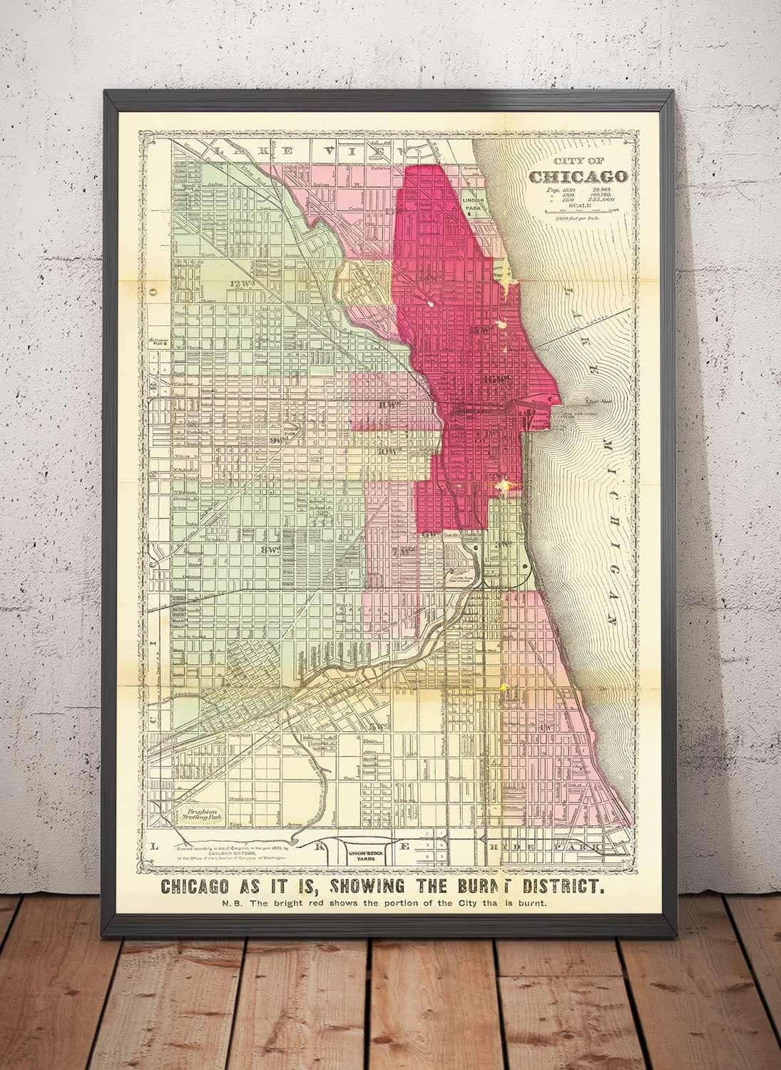 Old Map of Chicago After The Great Fire, 1871, Gaylord Watson - Downto ...