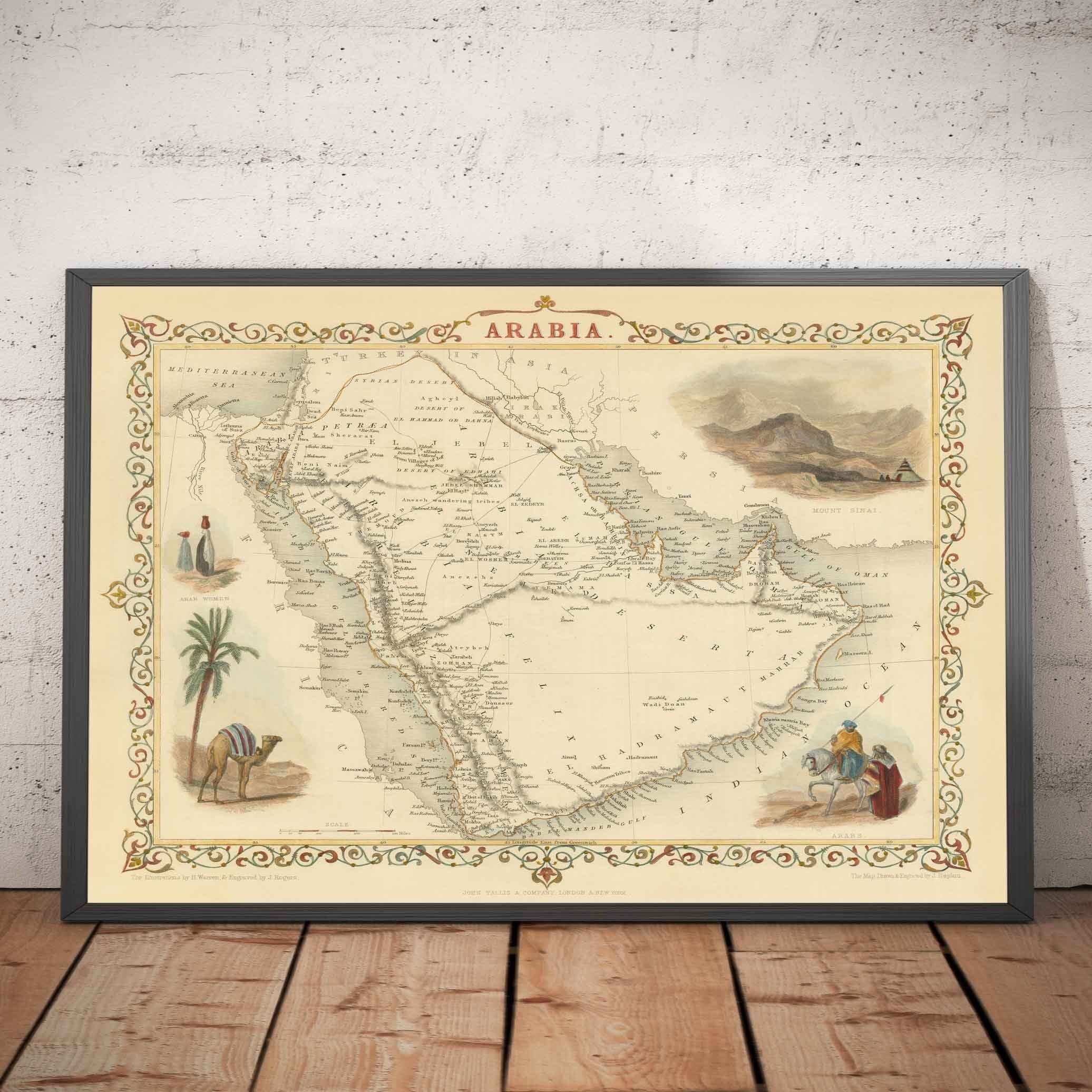 Old Map of Arabia, 1851 by Tallis & Rapkin - Saudi Arabia, Jordan, Oma ...