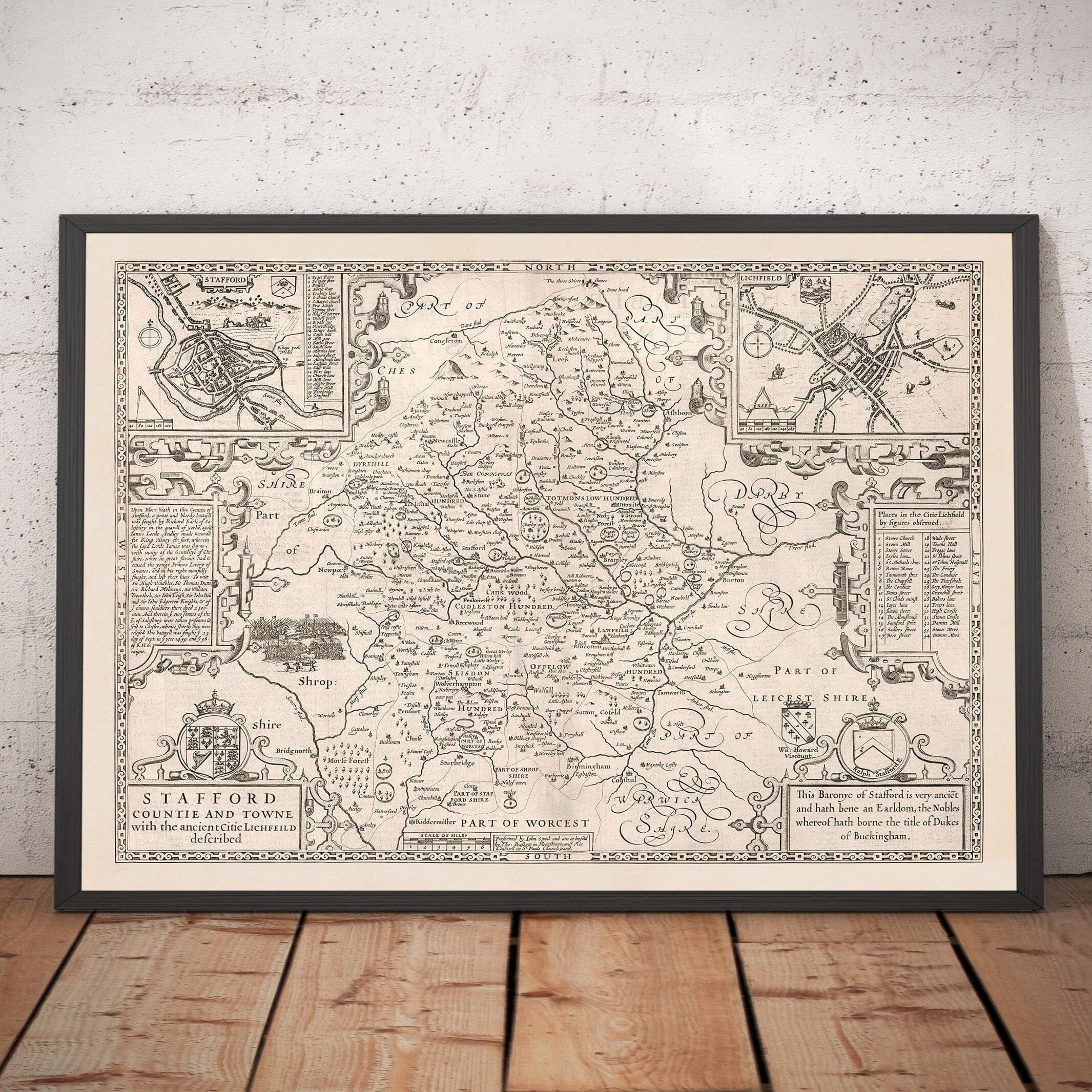 Old Monochrome Map of Staffordshire, 1611 by John Speed - Stafford, Wo ...