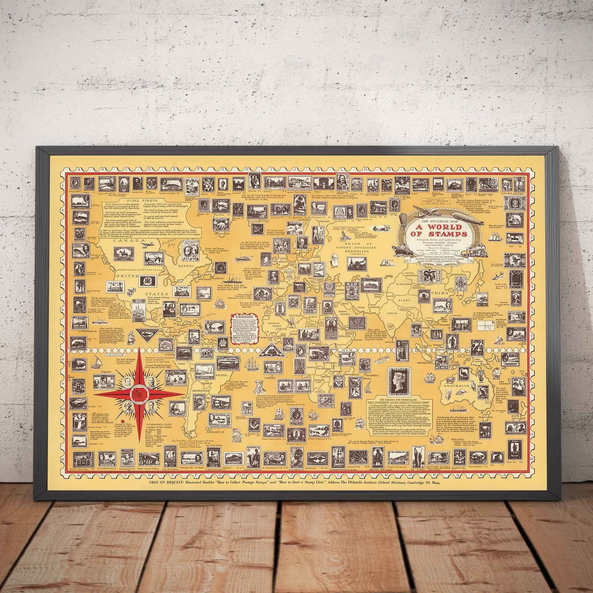 Old Stamp Map of the World, 1947 by E. Chase - Historical Post Office ...