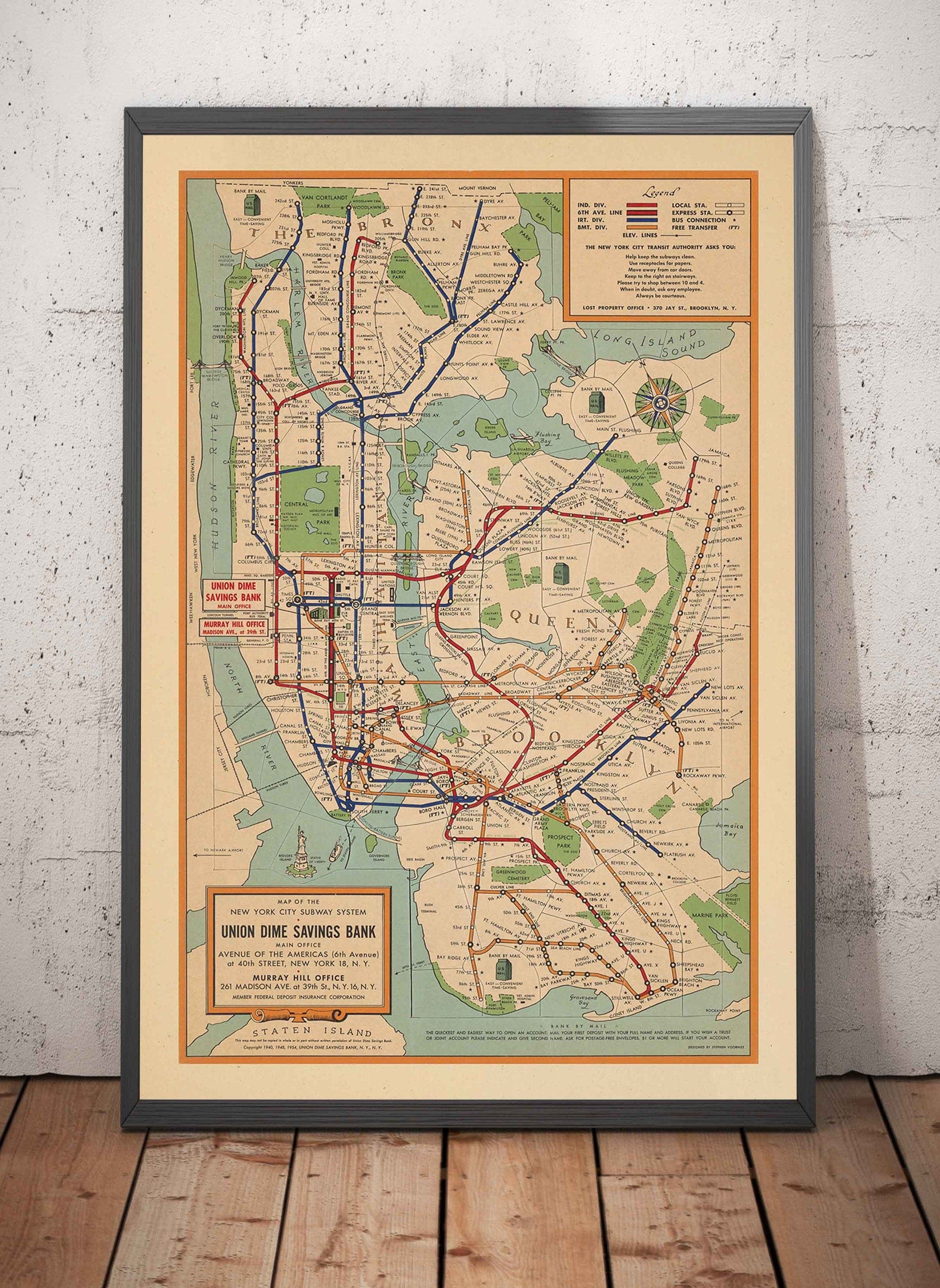 Old Subway Map of New York City, 1954 by Voorhies - Queens, Brooklyn ...