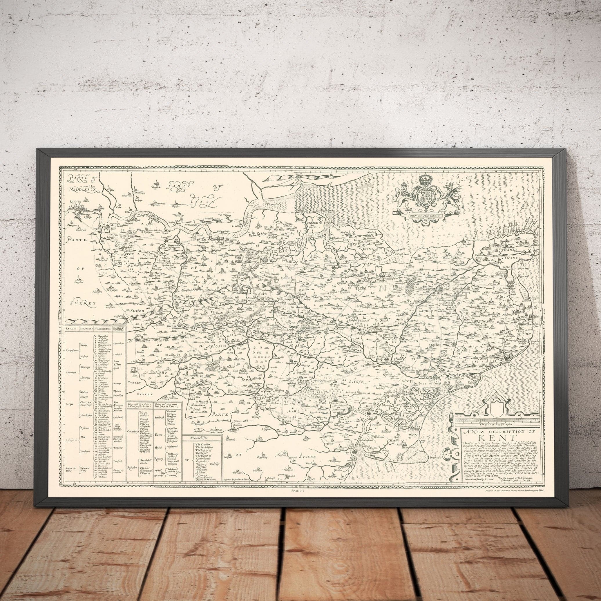 Old map of Kent in 1596 by Philip Symonson - Dartford, Maidstone, Brom ...
