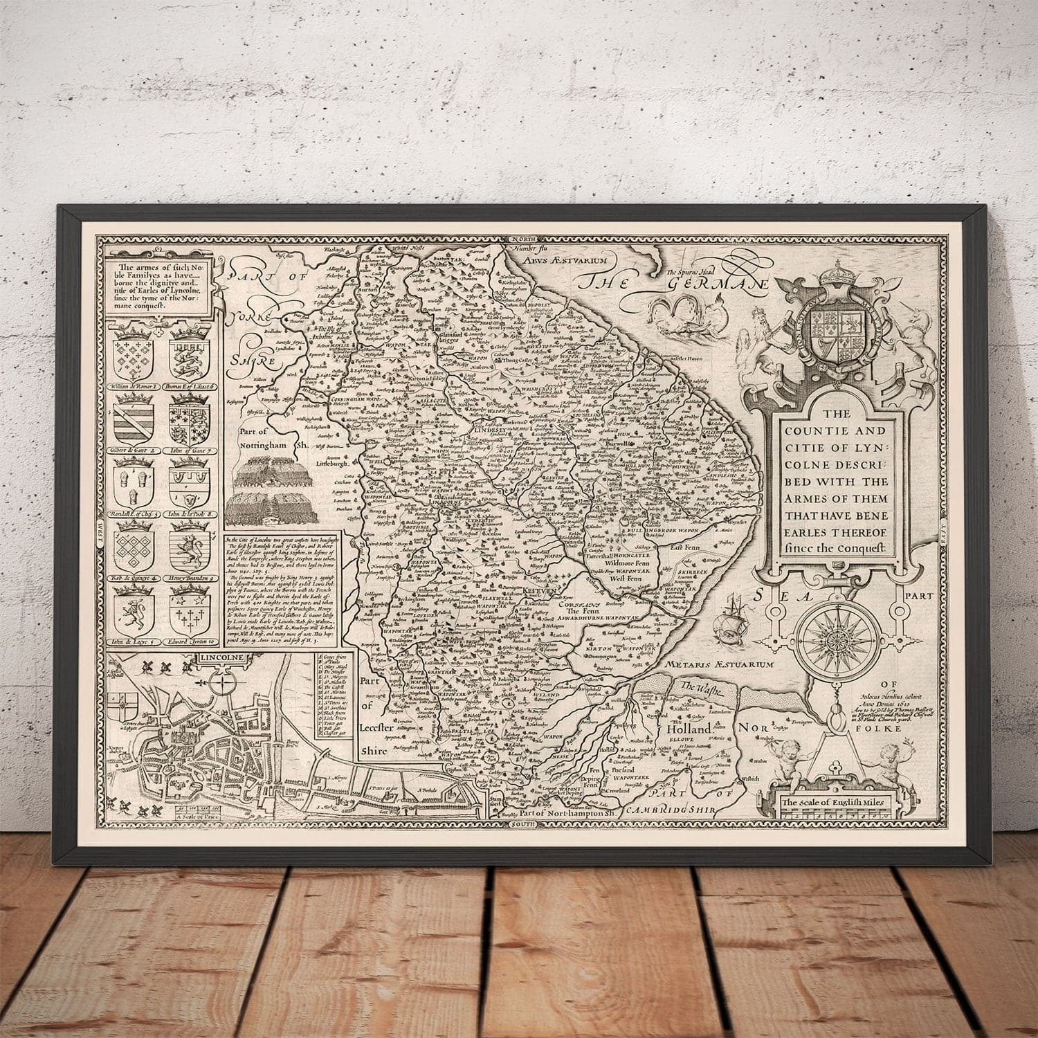 Old Monochrome Map of Lincolnshire in 1611 by Speed - Lincoln, Grimsby ...