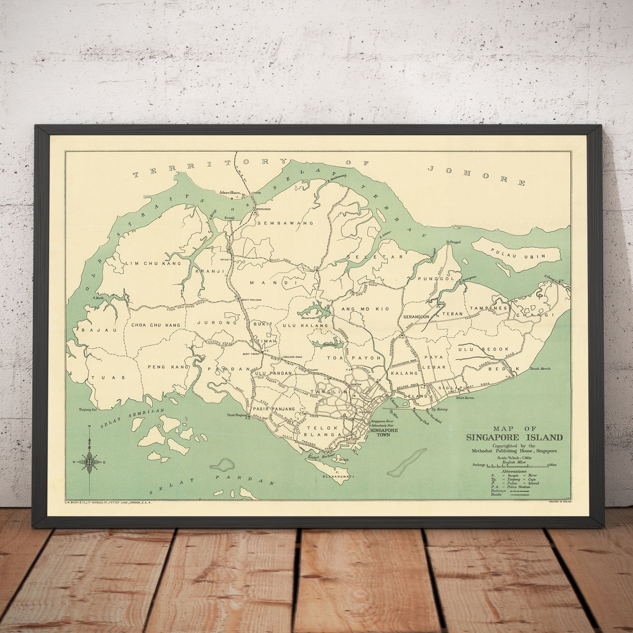 Ancienne carte de l'île de Singapour, 1920 - Routes, chemin de fer ...