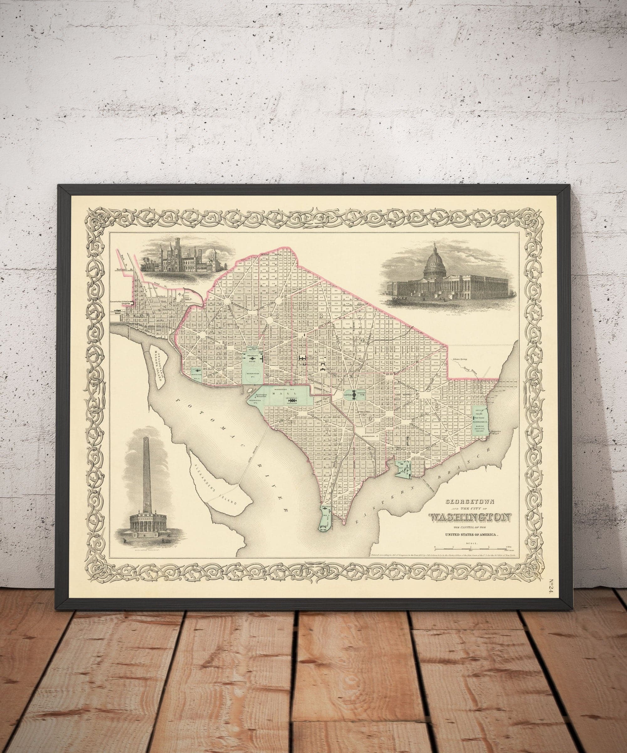 Old Map of Washington DC, 1855 by Colton - Georgetown, Capitol, Monume ...