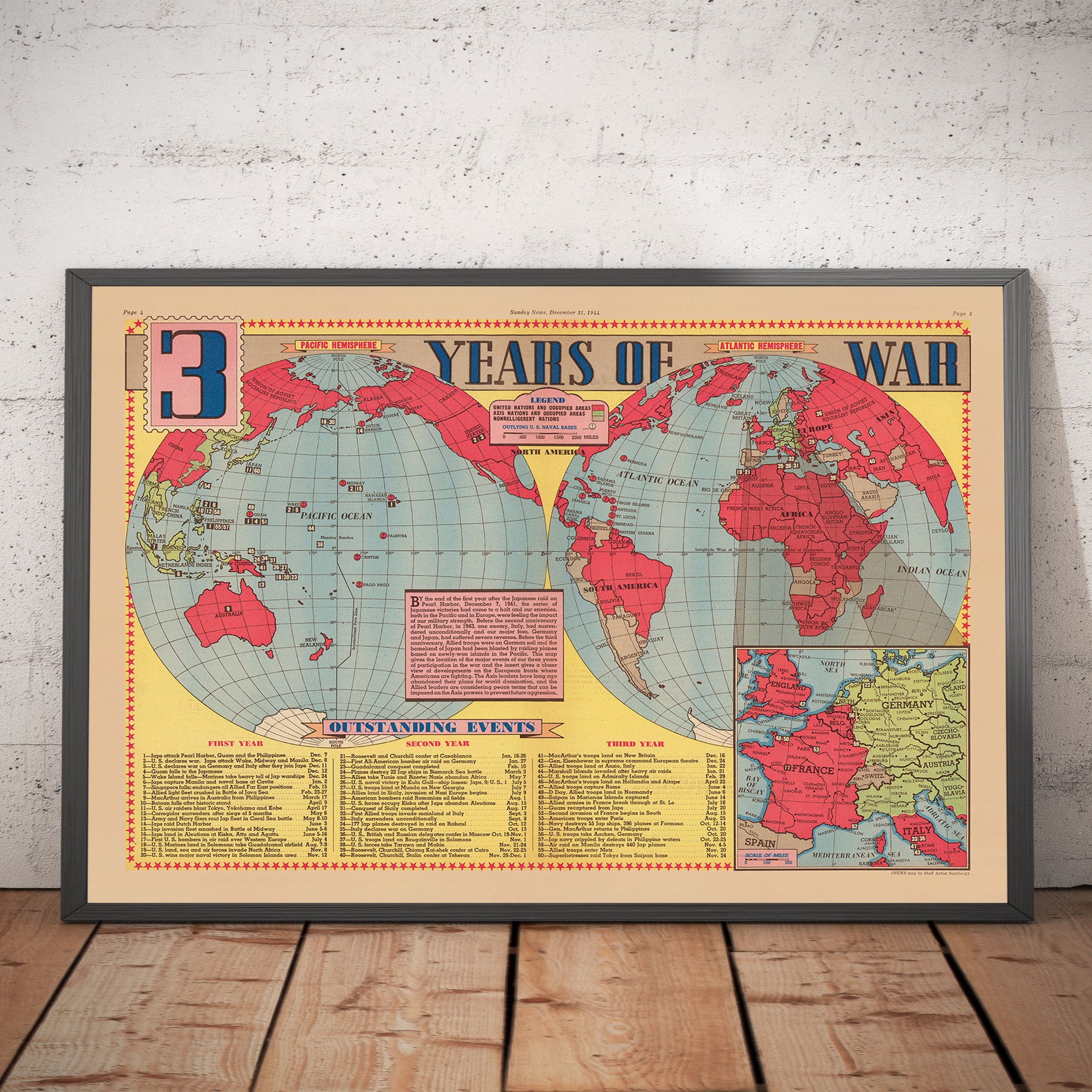 Old World War 2 Map, 1945 - "3 Years of War" by Edwin Sundberg - Allie ...